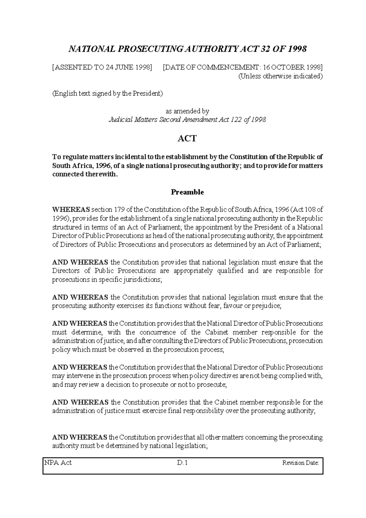 NPA Act - National Prosecution Act - NATIONAL PROSECUTING AUTHORITY ACT ...