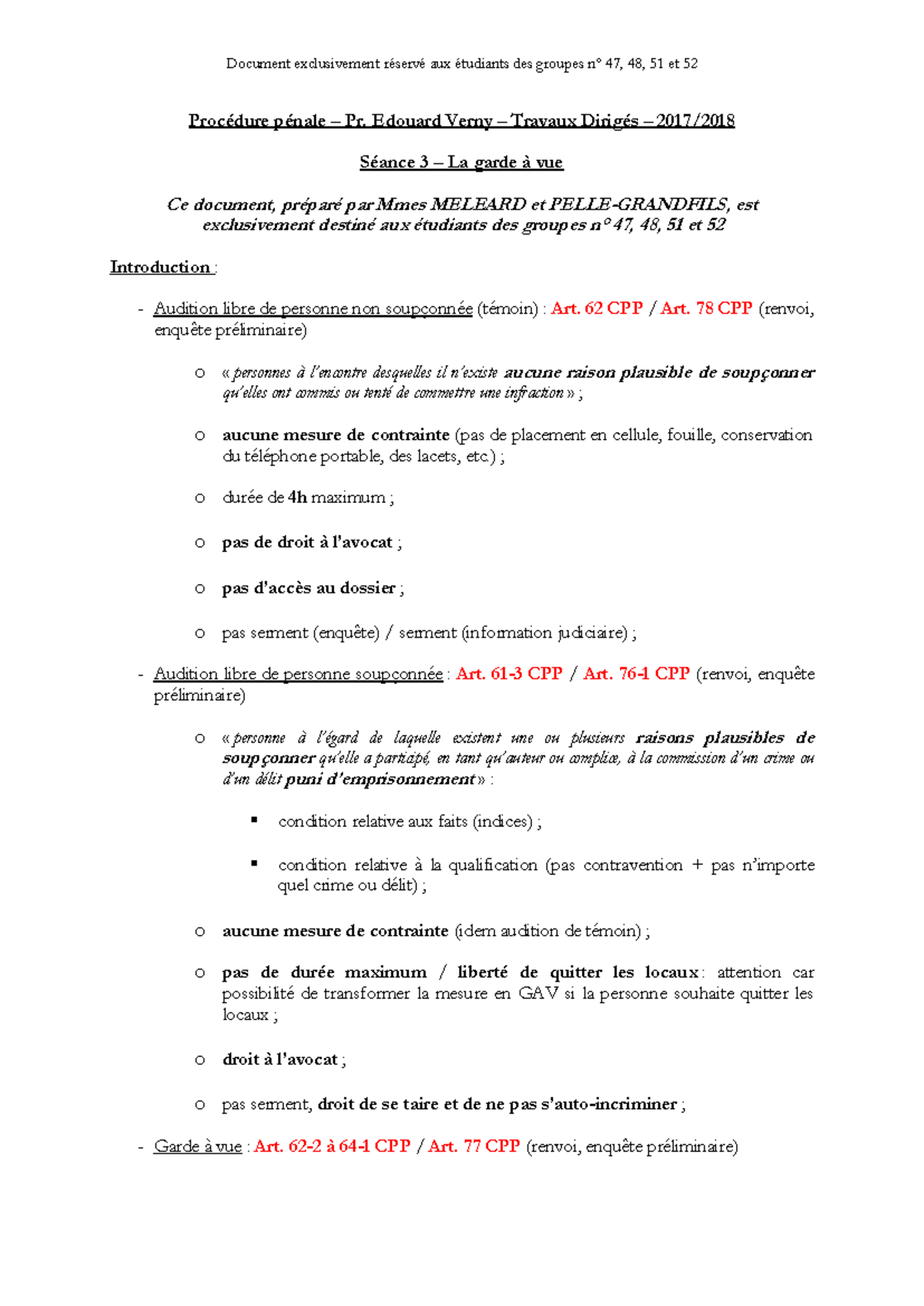 TD 3 - La garde à vue - version étudiants - Procédure pénale – Pr. Edouard Verny – Travaux ...
