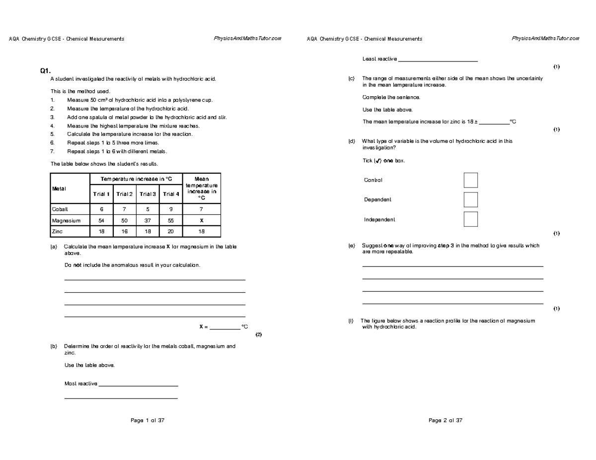 Chemical Measurements QP- AQA Chemistry GCSE - Q1. A student ...