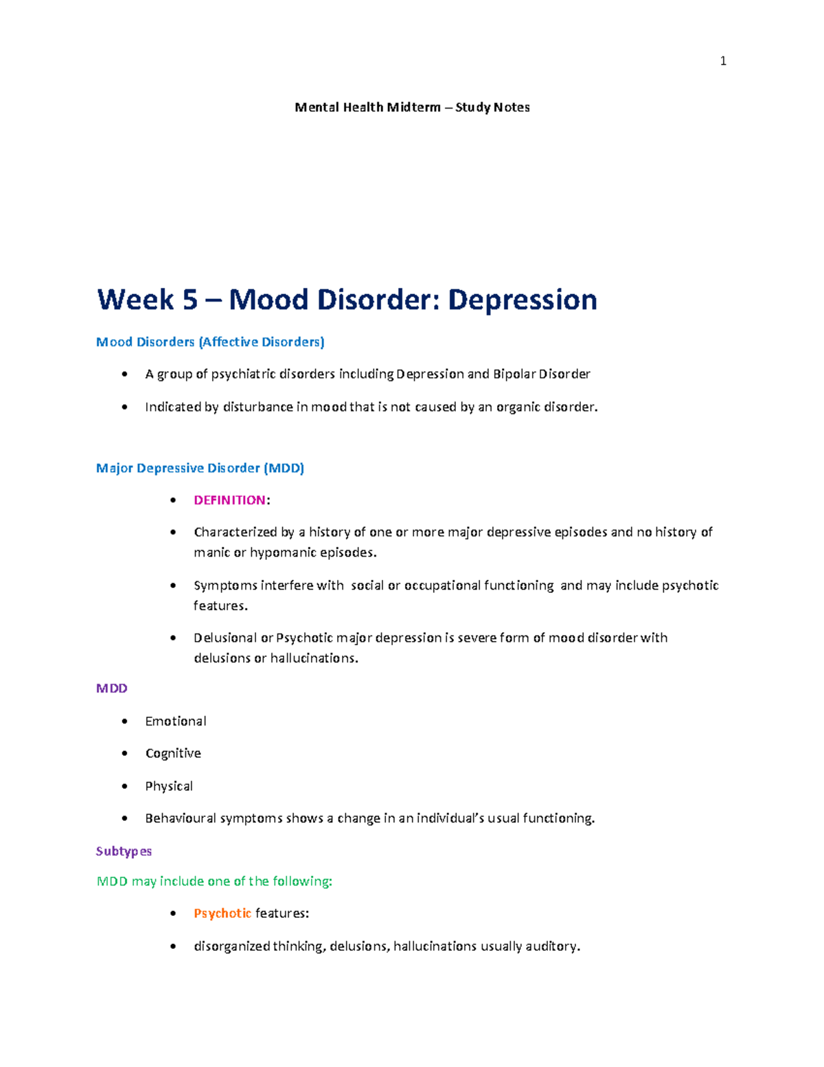 Week 5 Mental Health – Mood Disorder, Depression - Mental Health ...