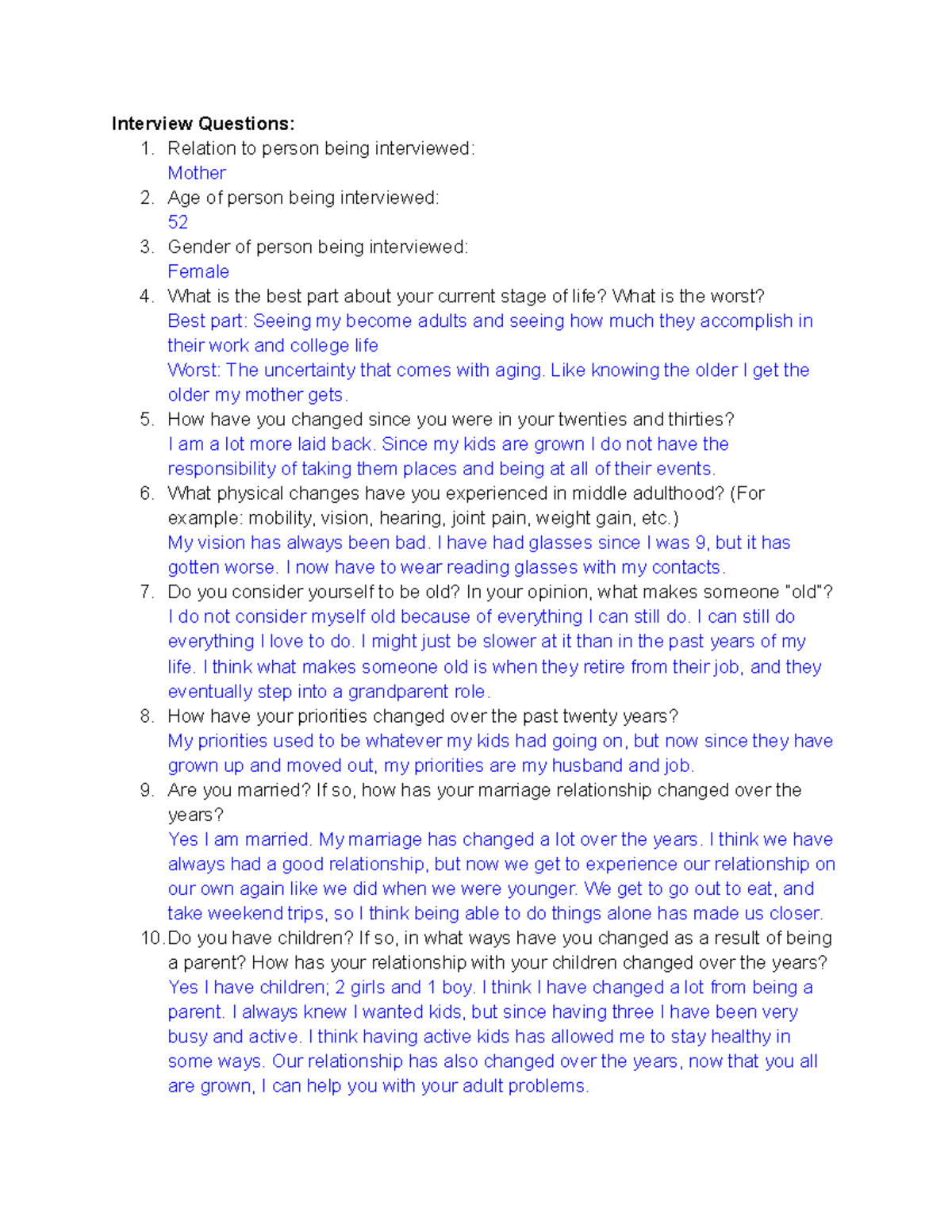 Middle Adulthood Assignment - Interview Questions: 1. Relation to ...