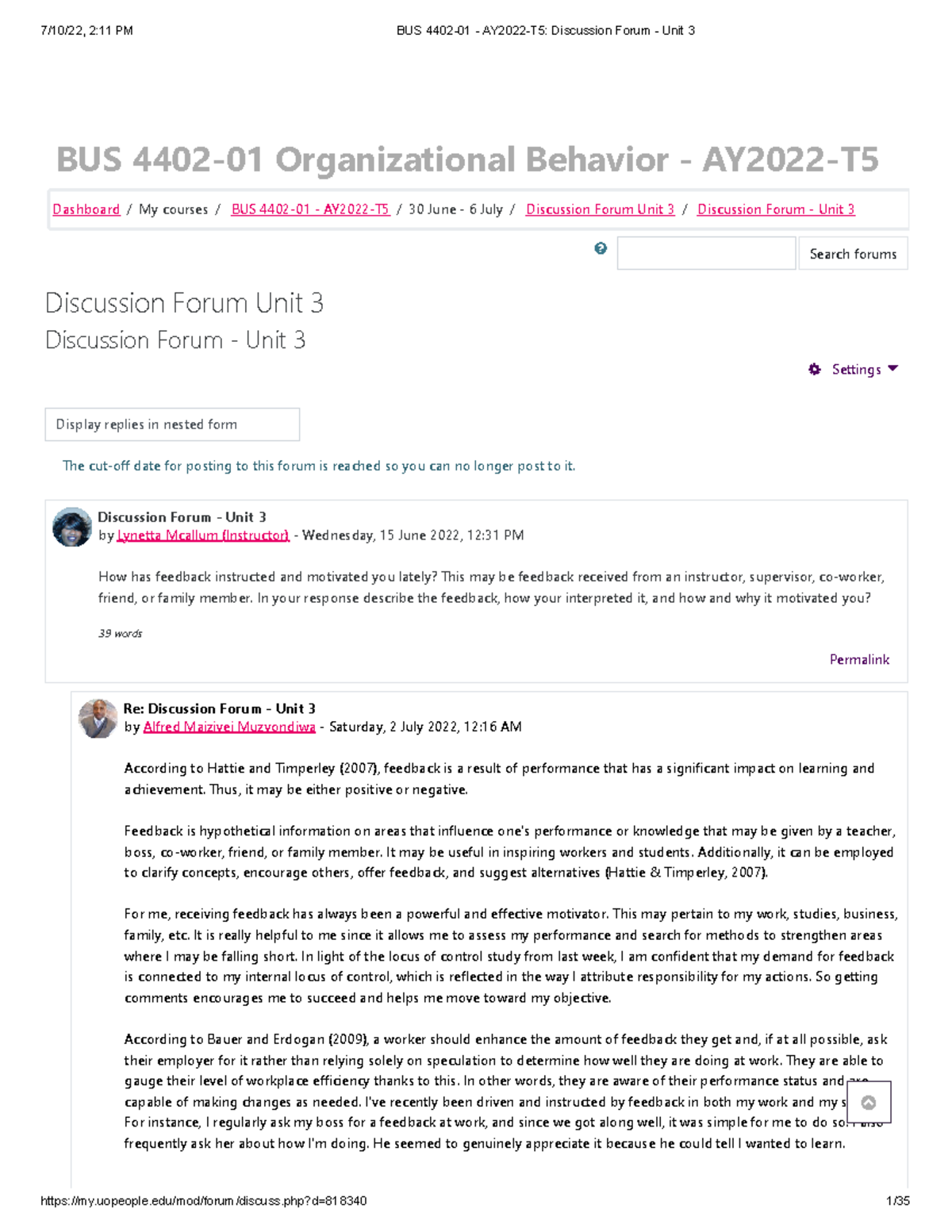 BUS 4402-01 - AY2022-T5 Discussion Forum - Unit 3 - BUS 4402-01 ...