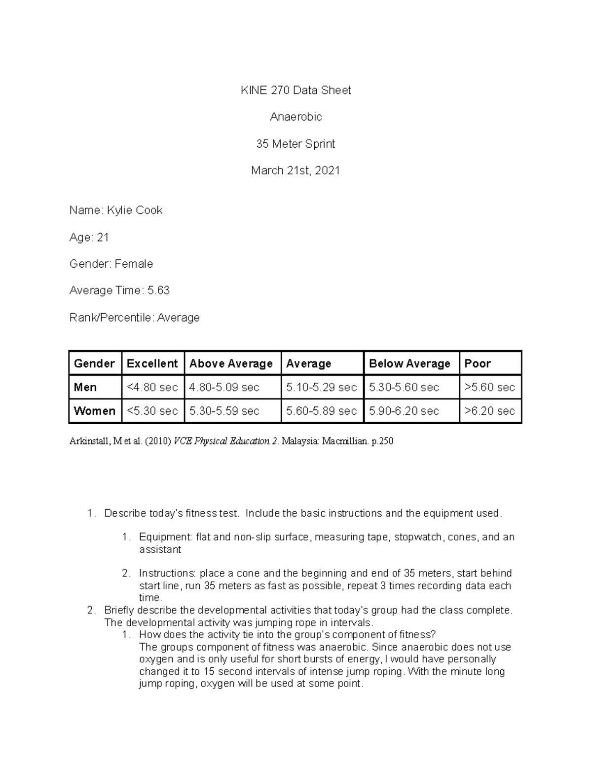 35m Sprint Data Sheet - KINE 270 Data Sheet Anaerobic 35 Meter Sprint ...
