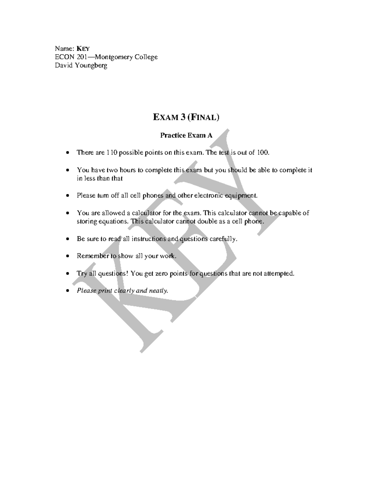 ECON 201 EXAM 3A - PRACTICE EXAM - Name: KEY ECON 2 01 —Montgomery ...