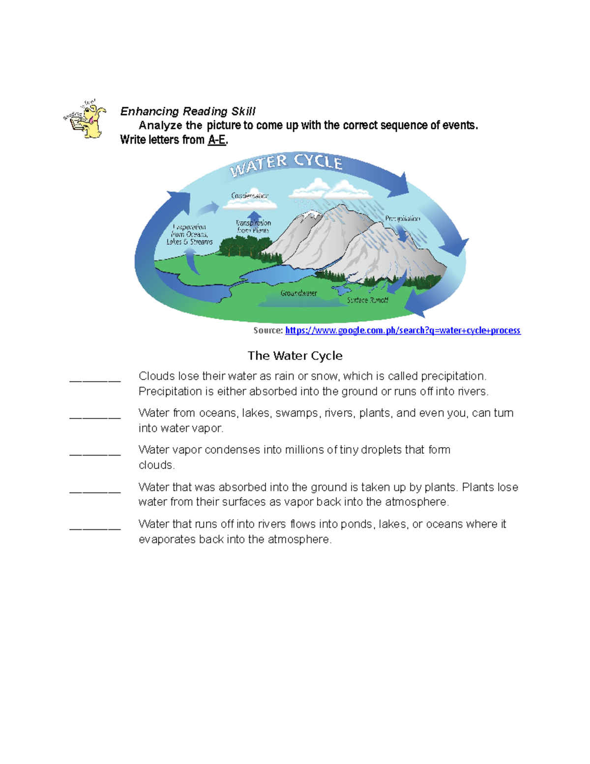 Sequencing of Events - Water cycle - Enhancing Reading Skill Analyze ...