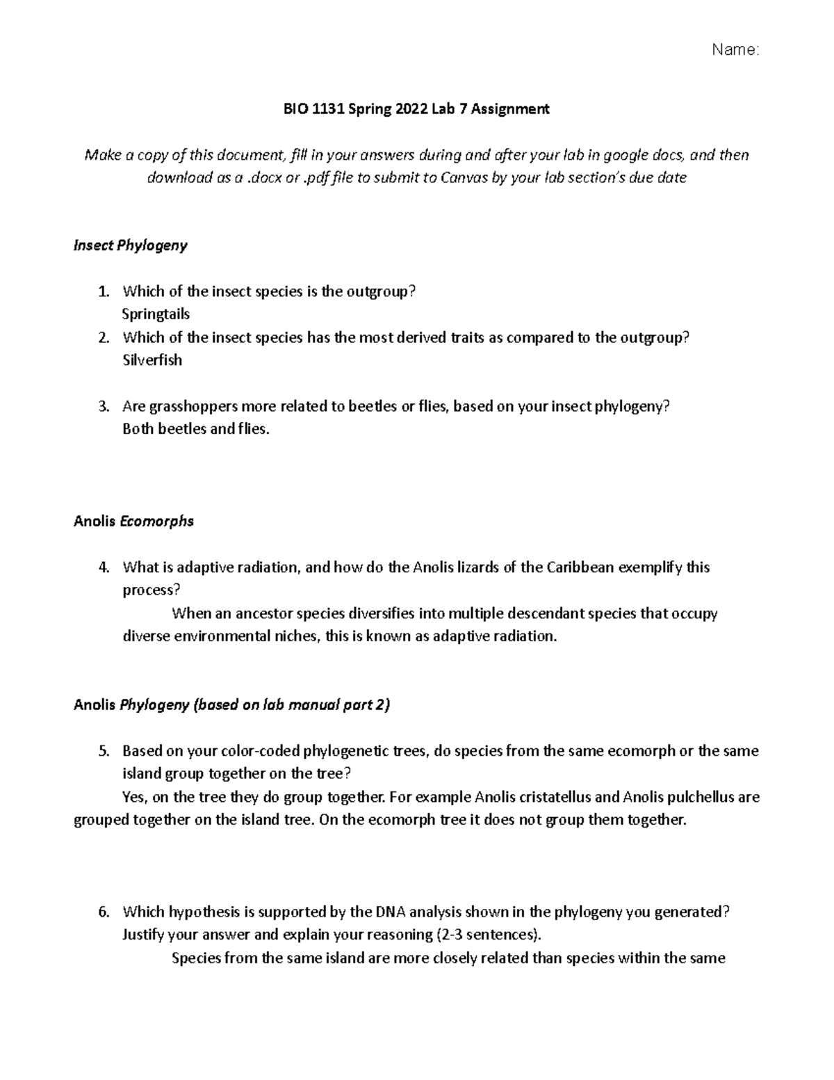 22 BIO 1131 Lab Exercise 7 Phylogeny - Name: BIO 1131 Spring 2022 Lab 7 ...