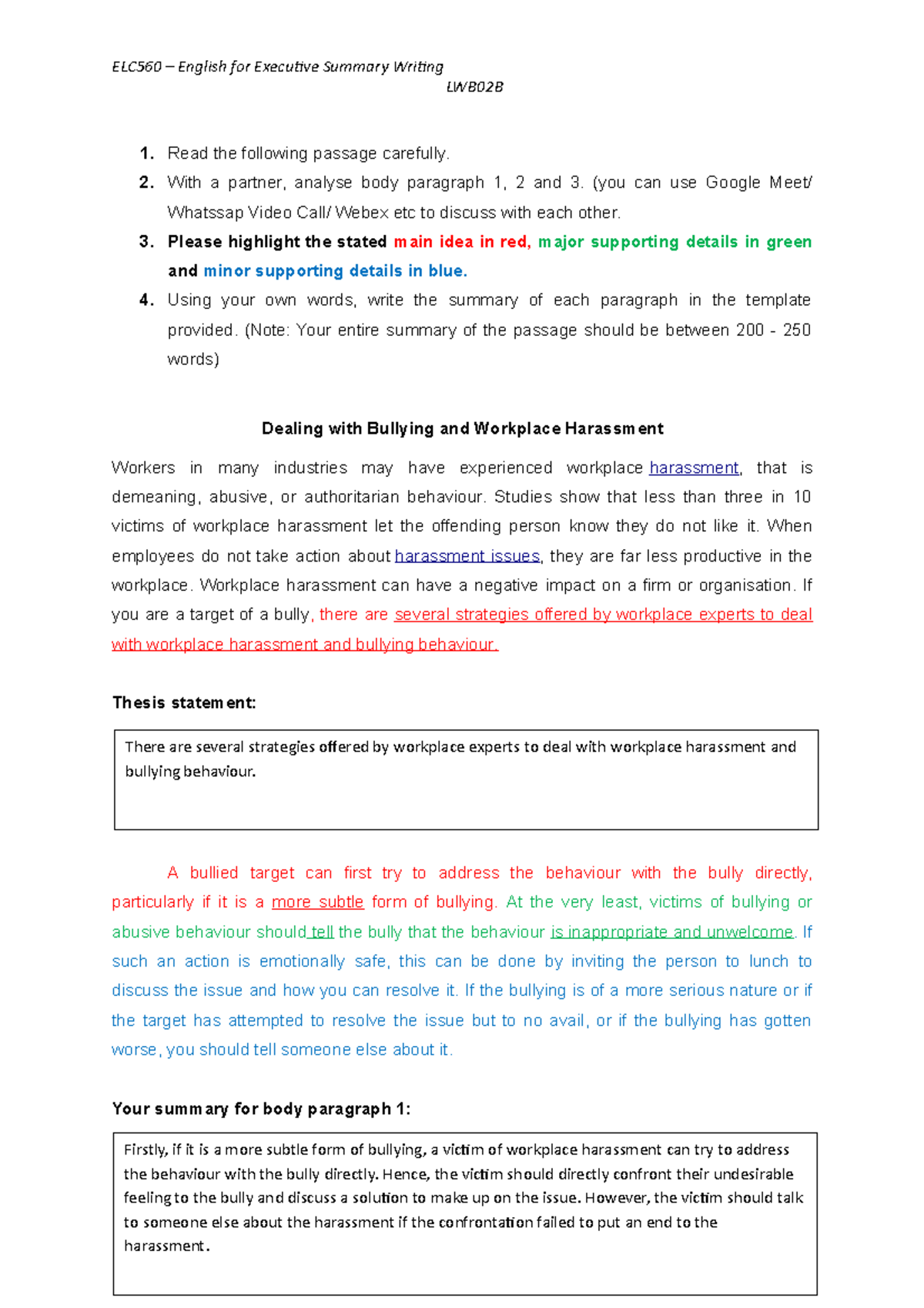 Executive Summary practice - LWB02B 1. Read the following passage ...