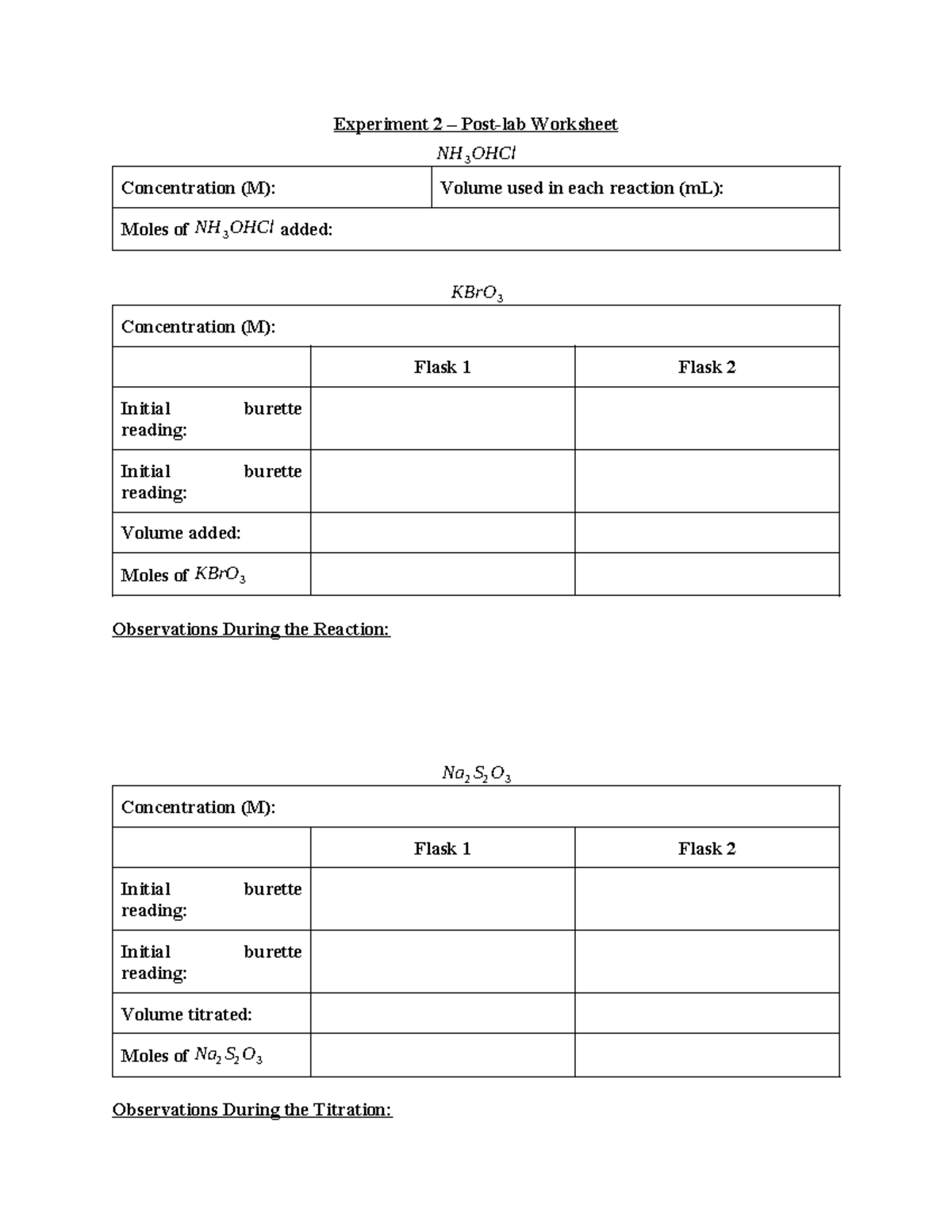 Experiment 2 - Short Lab Report Template - Experiment 2 – Post-lab Worksheet NH 3 OHCl ...