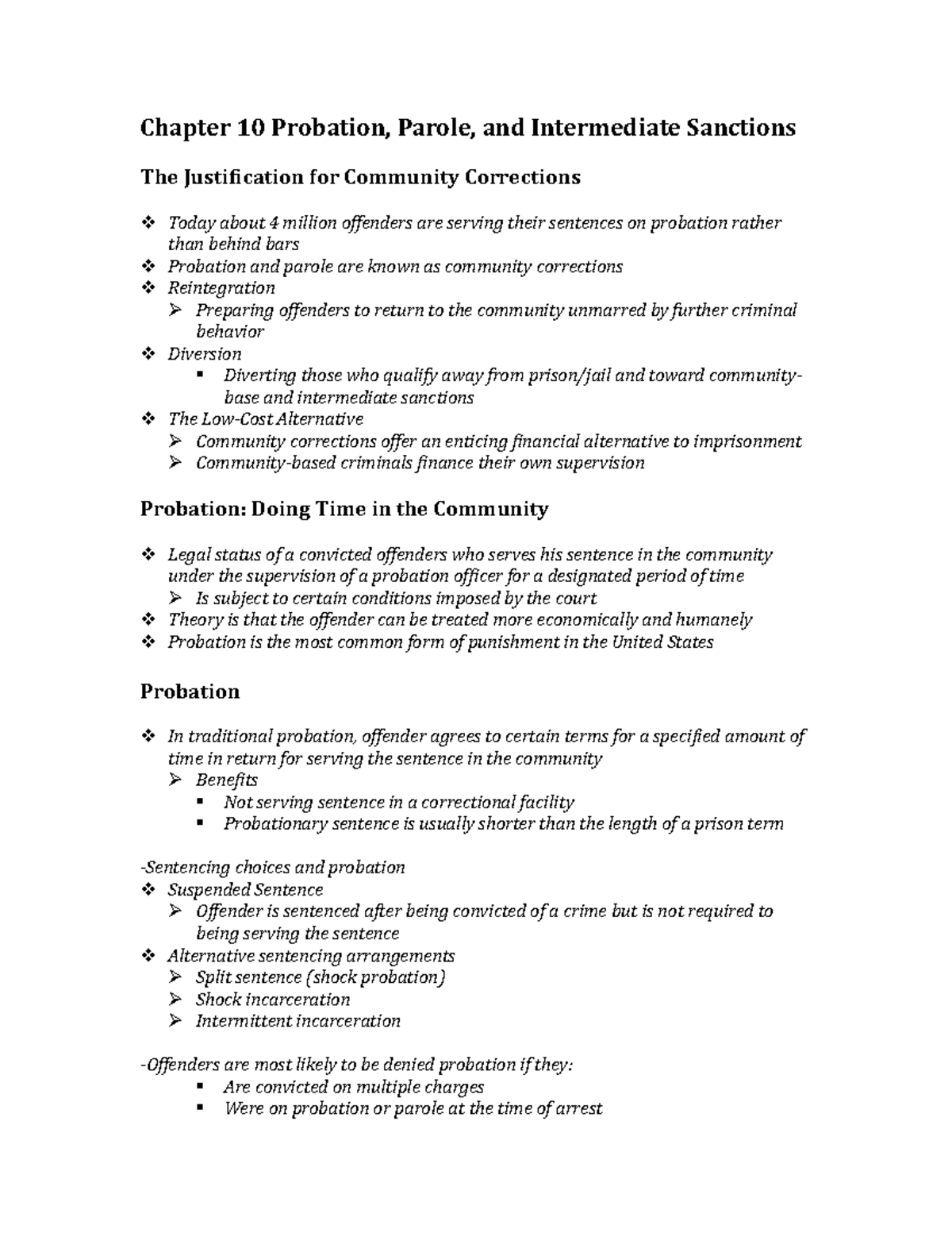 CJUS 2100 Notes - Chapter 10 Probation, Parole, and Intermediate ...