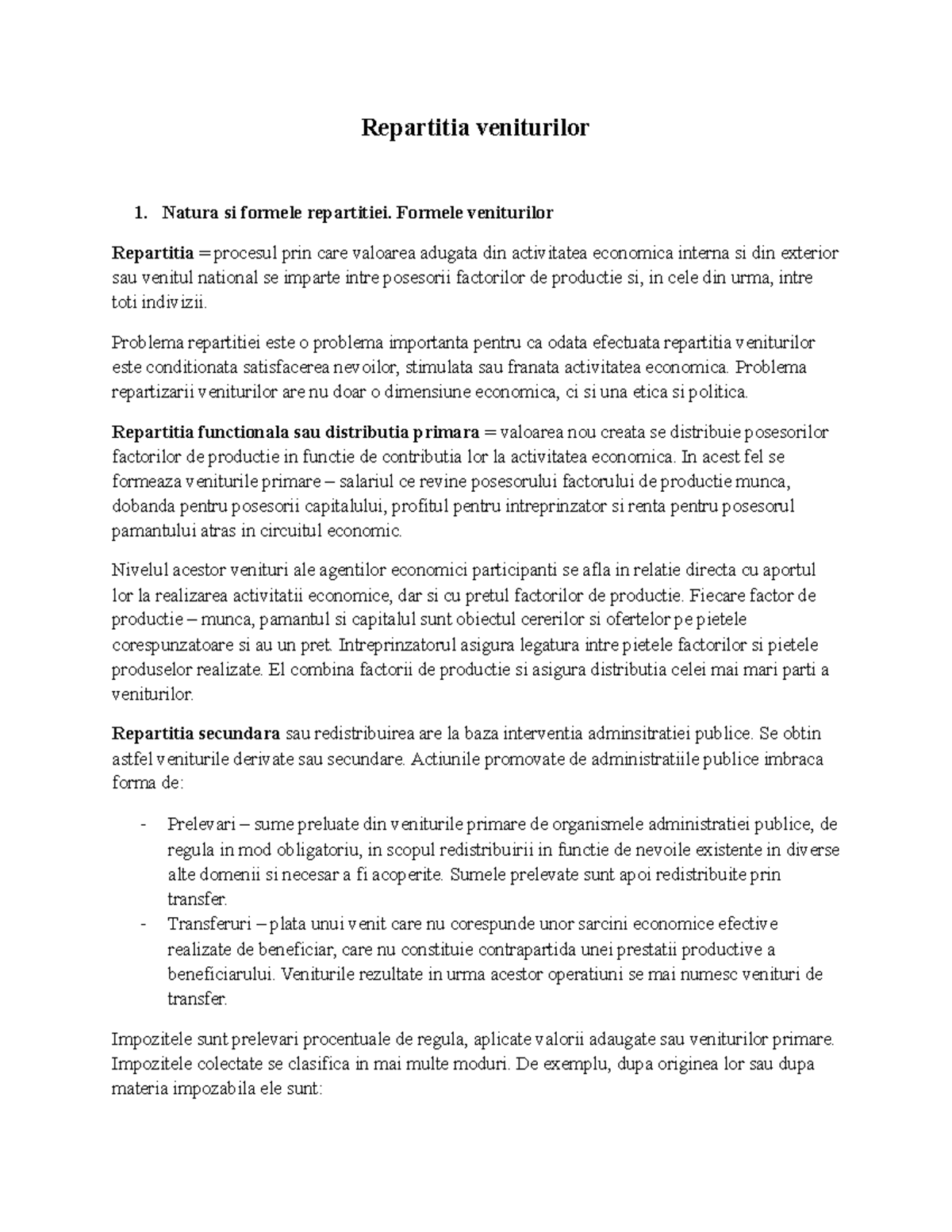 Repartitia veniturilor - Repartitia veniturilor Natura si formele ...