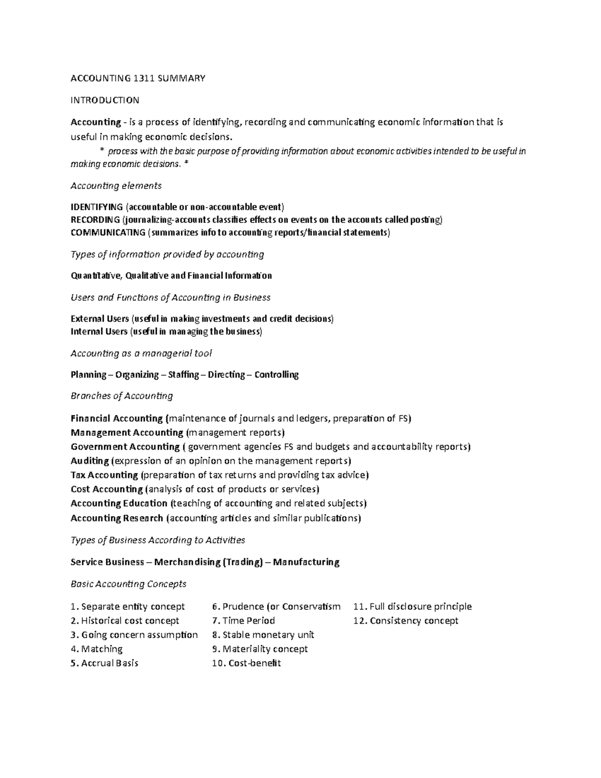 Acctg-131- Introduction - ACCOUNTING 1311 SUMMARY INTRODUCTION ...