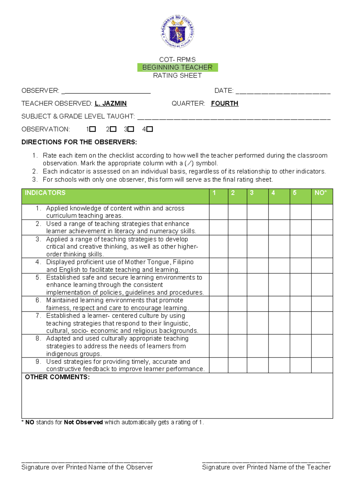 COT Rating Sheet FOR Practice Teacher - COT- RPMS BEGINNING TEACHER ...