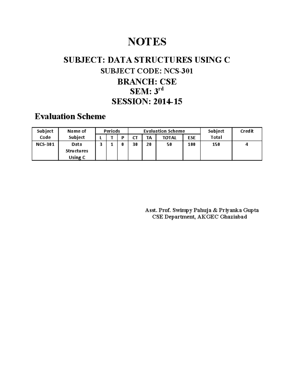 DSA Notes - .....m. - NOTES SUBJECT: DATA STRUCTURES USING C SUBJECT ...