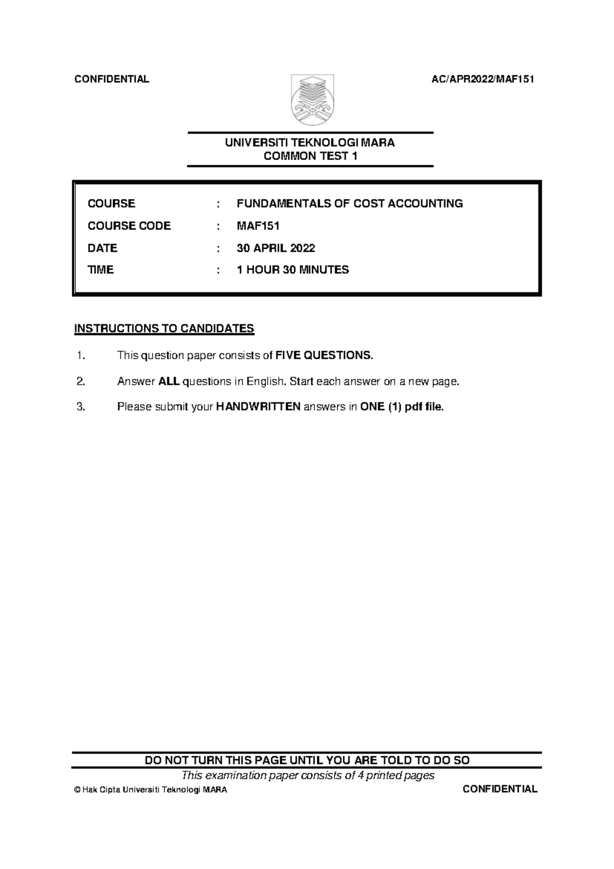 MAF 151 test paper - UNIVERSITI TEKNOLOGI MARA COMMON TEST 1 COURSE ...