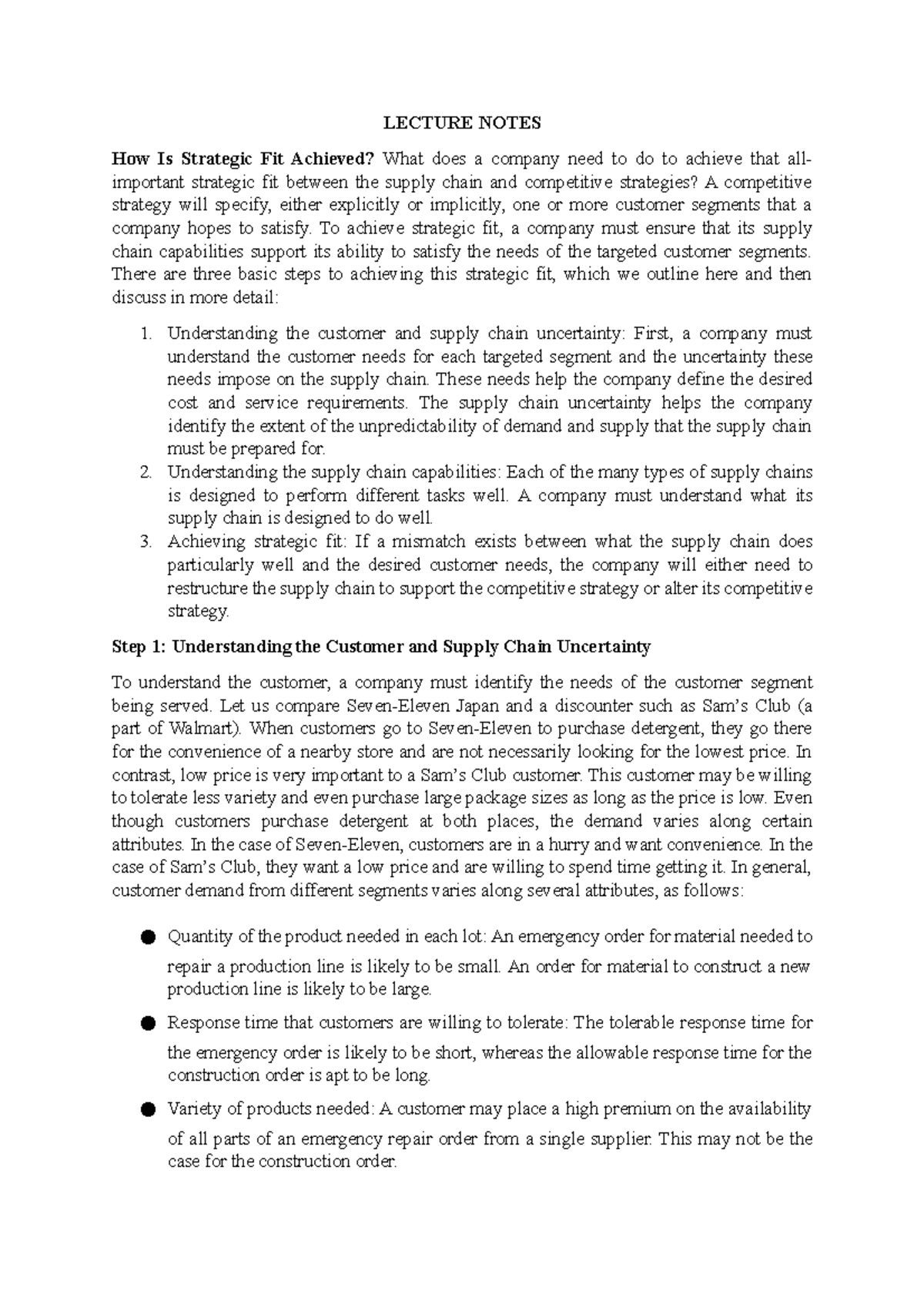 Lecturer Notes Supply Chain Performance Achieving Strategic Fit and ...