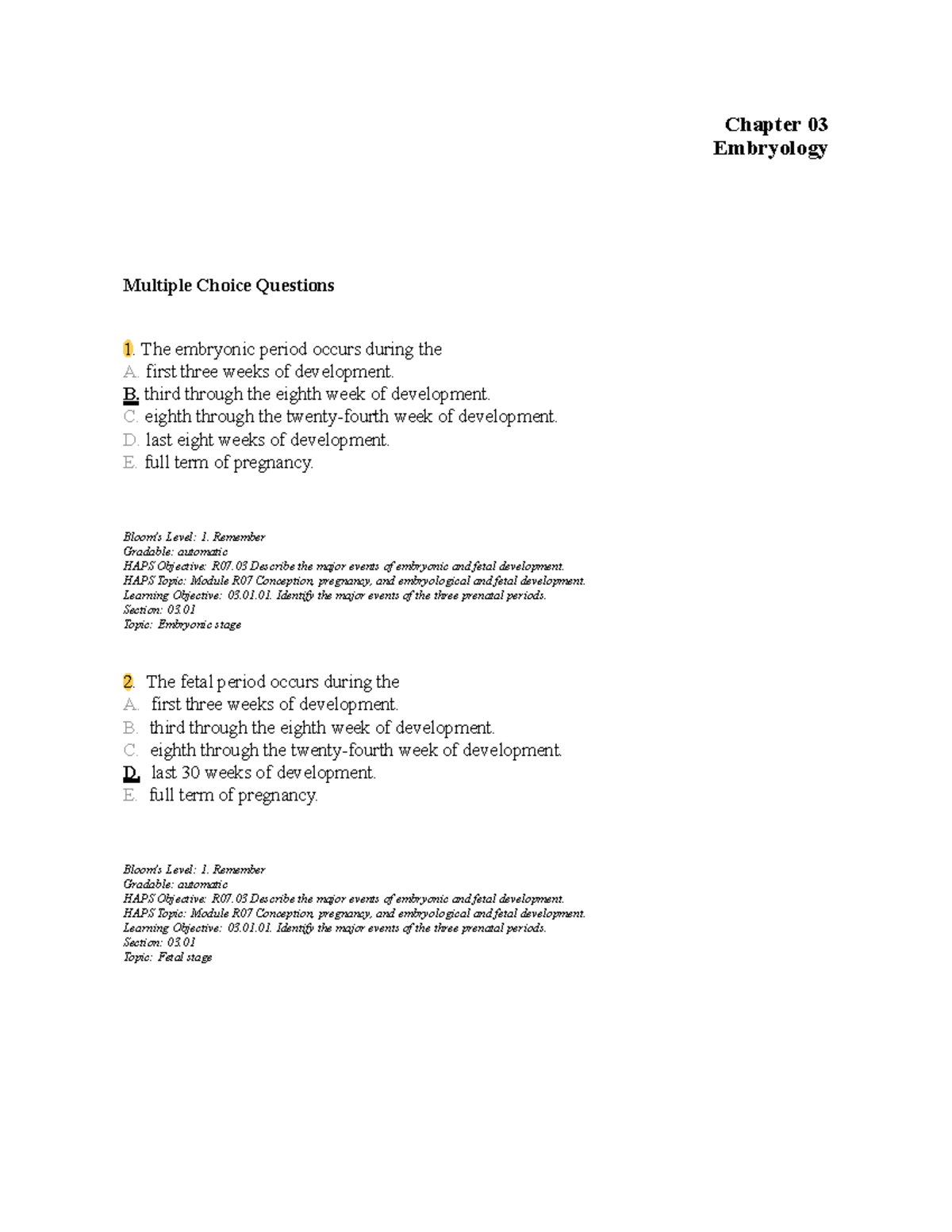 Chap003 - Anatomy - Chapter 03 Embryology Multiple Choice Questions 1 ...