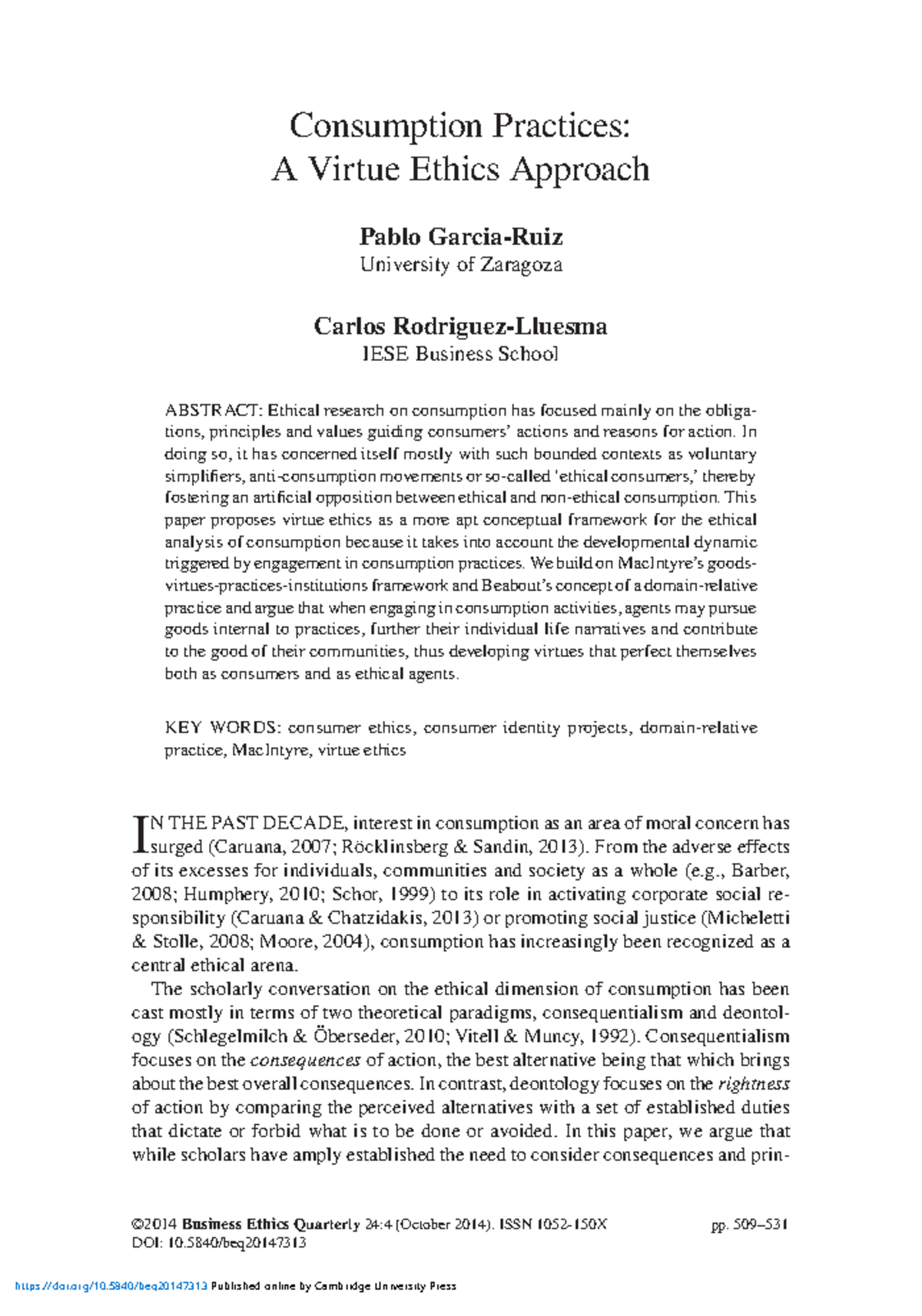Consumption practices a virtue ethics approach - ©2014 Business Ethics ...