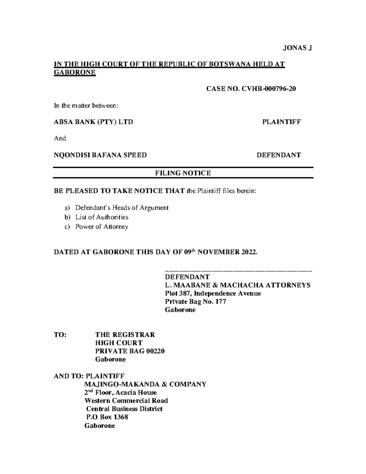 Defendant'S Heads OF Argument ( Nqondisi Speed ) - JONAS J IN THE HIGH ...