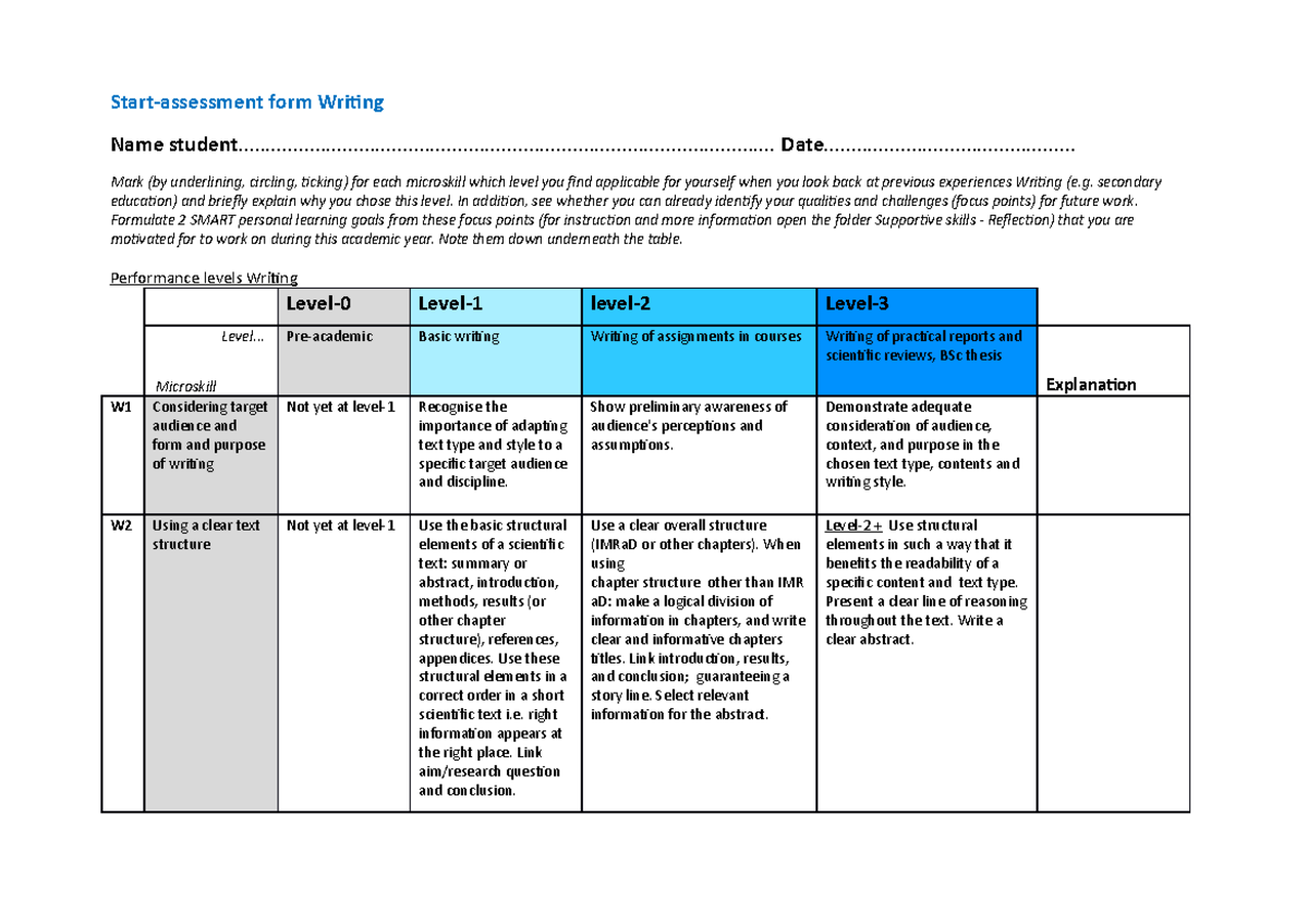 Start Assessment form Writing F - Start-assessment form Writing Name ...