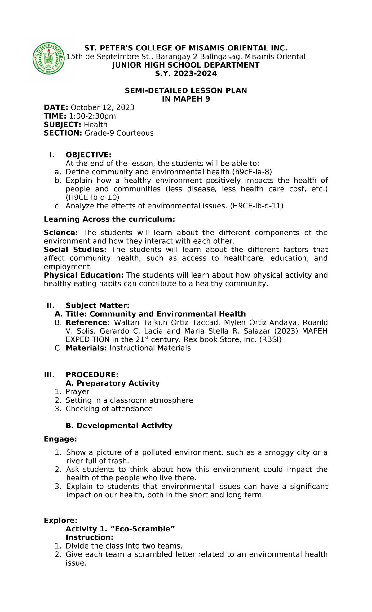 Lesson Plan Health 9 - ST. PETER'S COLLEGE OF MISAMIS ORIENTAL INC ...