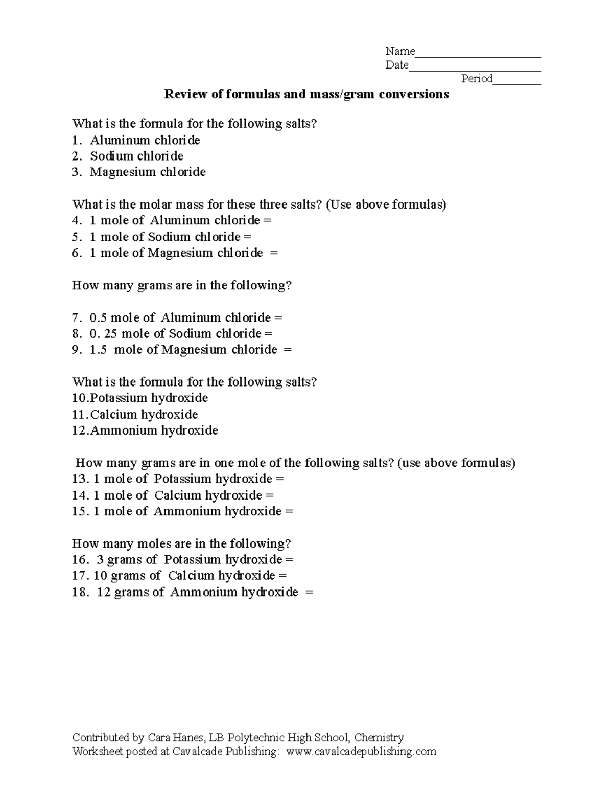 Formulas and Mass Gram wksht - Name_____________________ Date______________________ Period ...