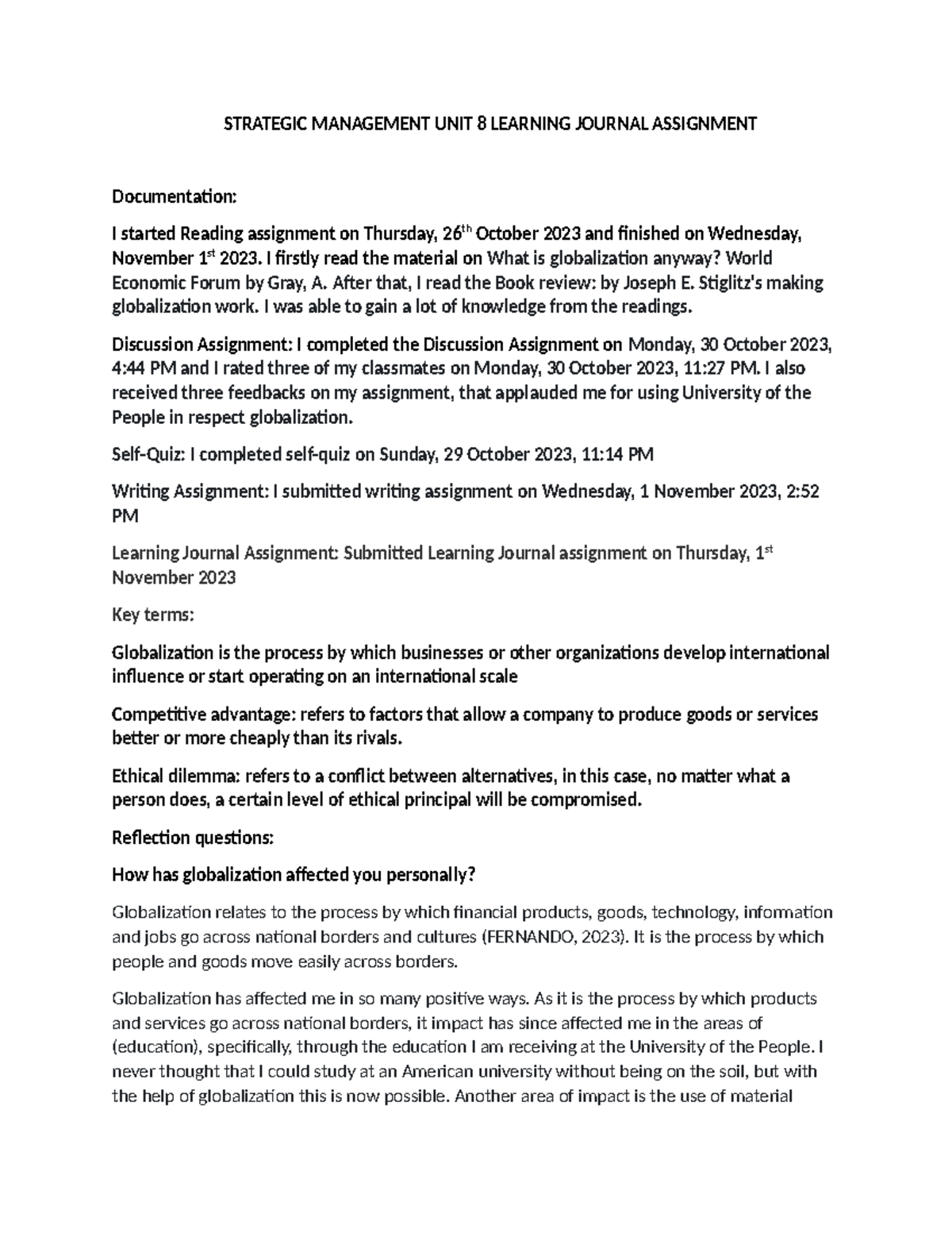 Strategic Management UNIT 8 Learning Journal Assignment - STRATEGIC ...