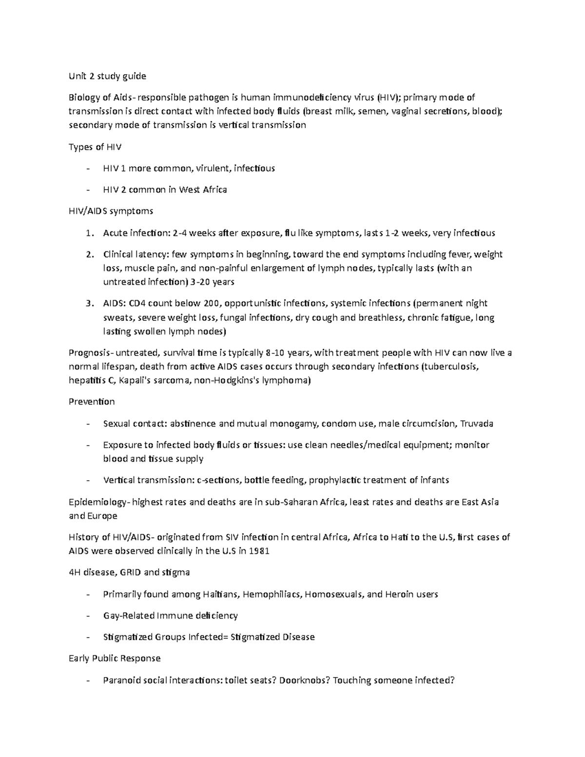Unit 2 study guide - Unit 2 study guide Biology of Aids- responsible ...