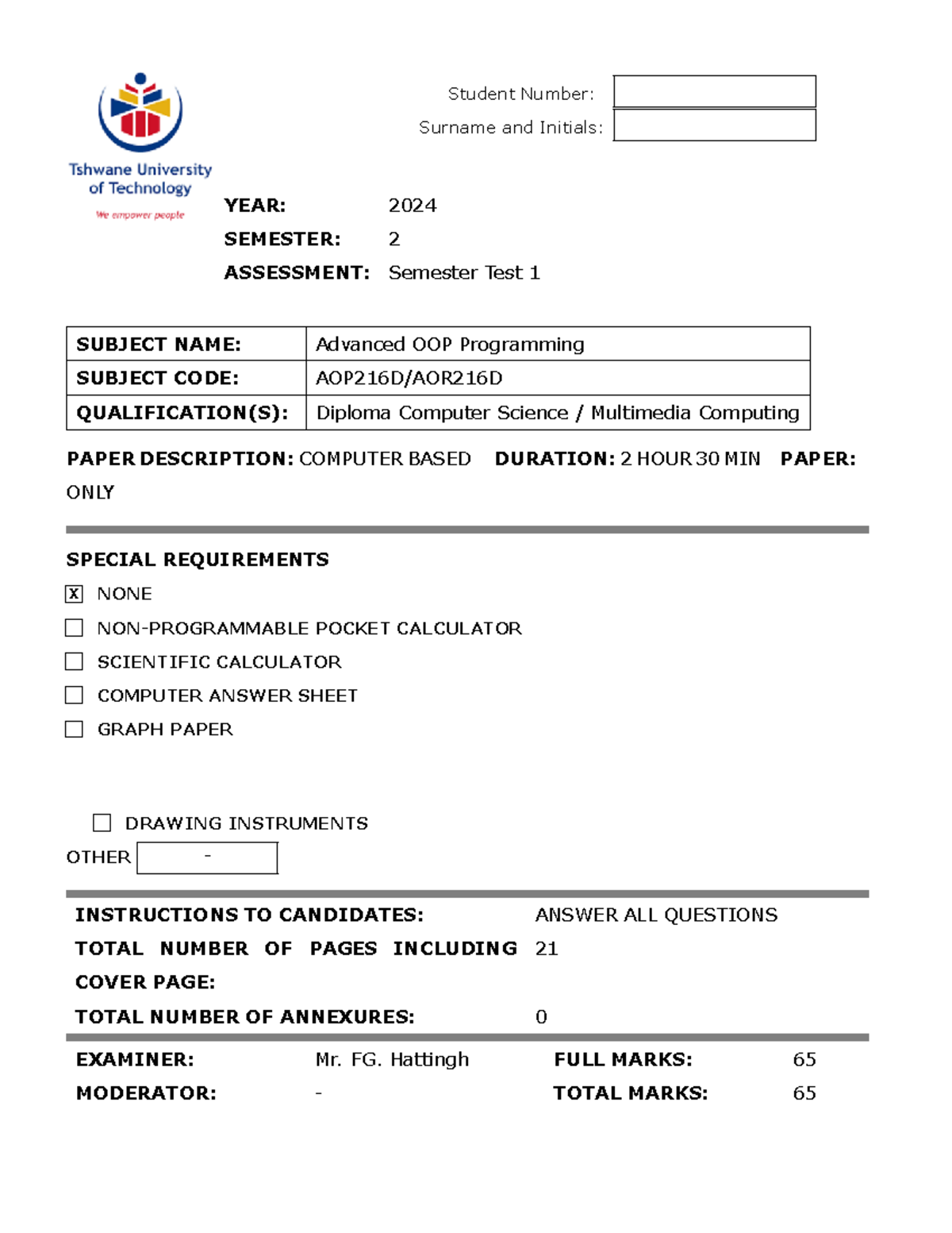 AOP216D - ST1 - YEAR: 2024 SEMESTER: 2 ASSESSMENT: Semester Test 1 ...