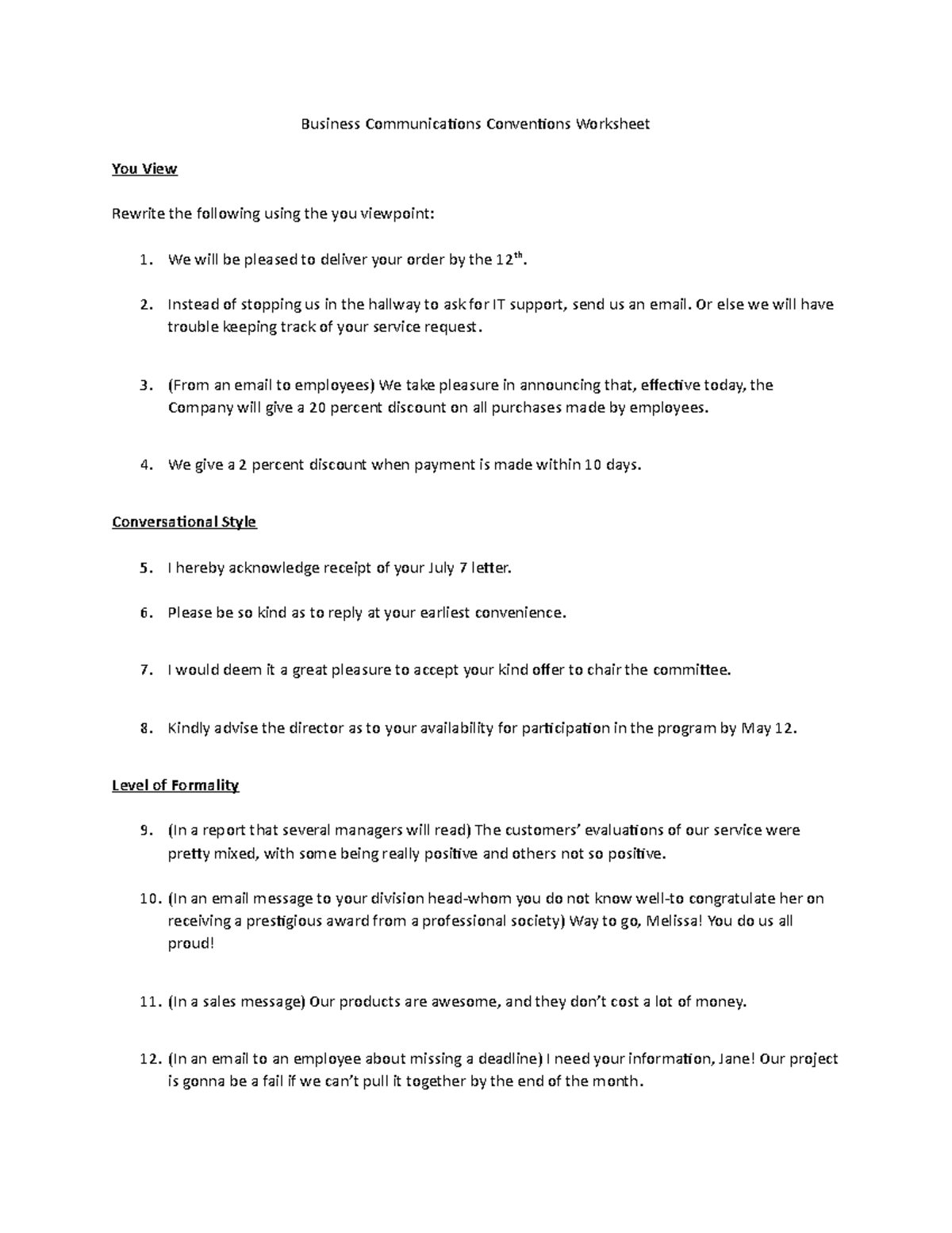 Business Communications Conventions Worksheet - Instead of stopping us ...