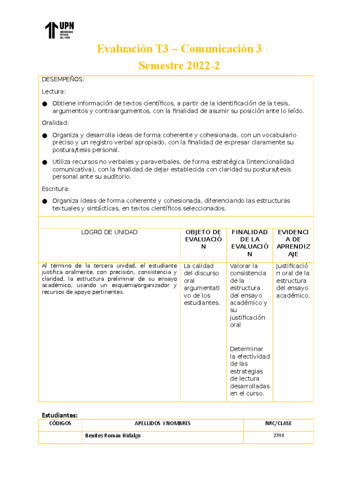 Mendoza O T3 Comunicacion 3 - Evaluación T3 – Comunicación 3 Semestre 2022- DESEMPEÑOS: Lectura ...