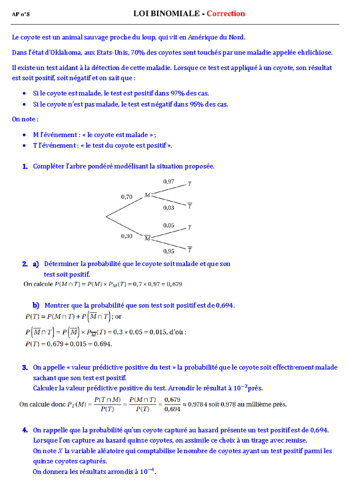 AP8-Loi binomiale-Correction - AP n° 8 LOI BINOMIALE - Correction Le coyote est un animal ...