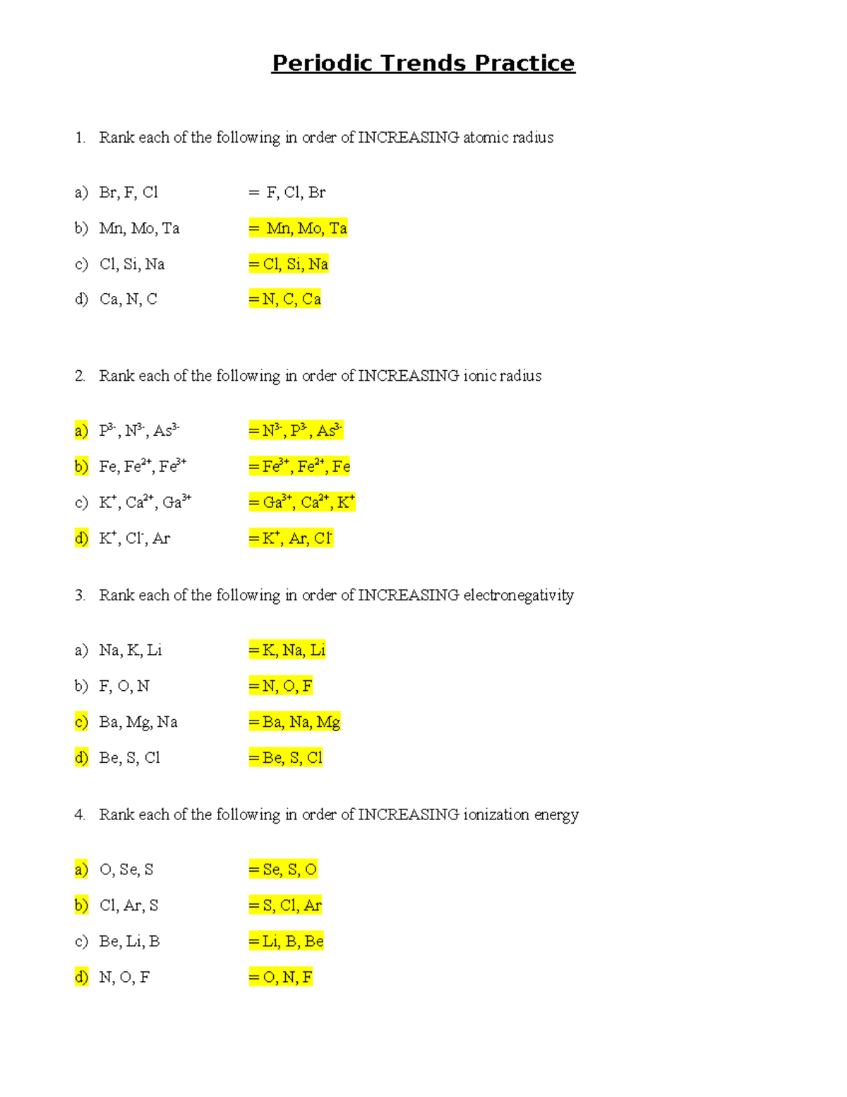 Periodic trends practice answers - Periodic Trends Practice Rank each ...
