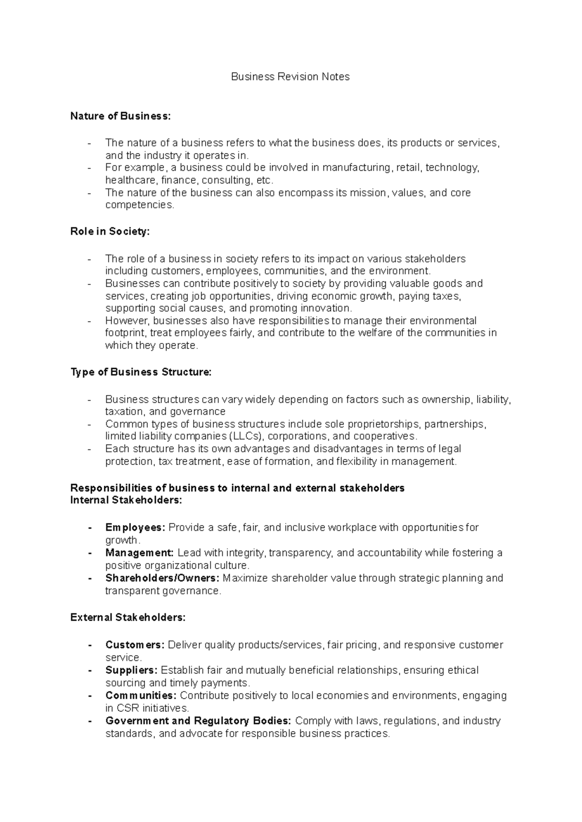 Business Revision Notes Module 1 - Business Revision Notes Nature of ...