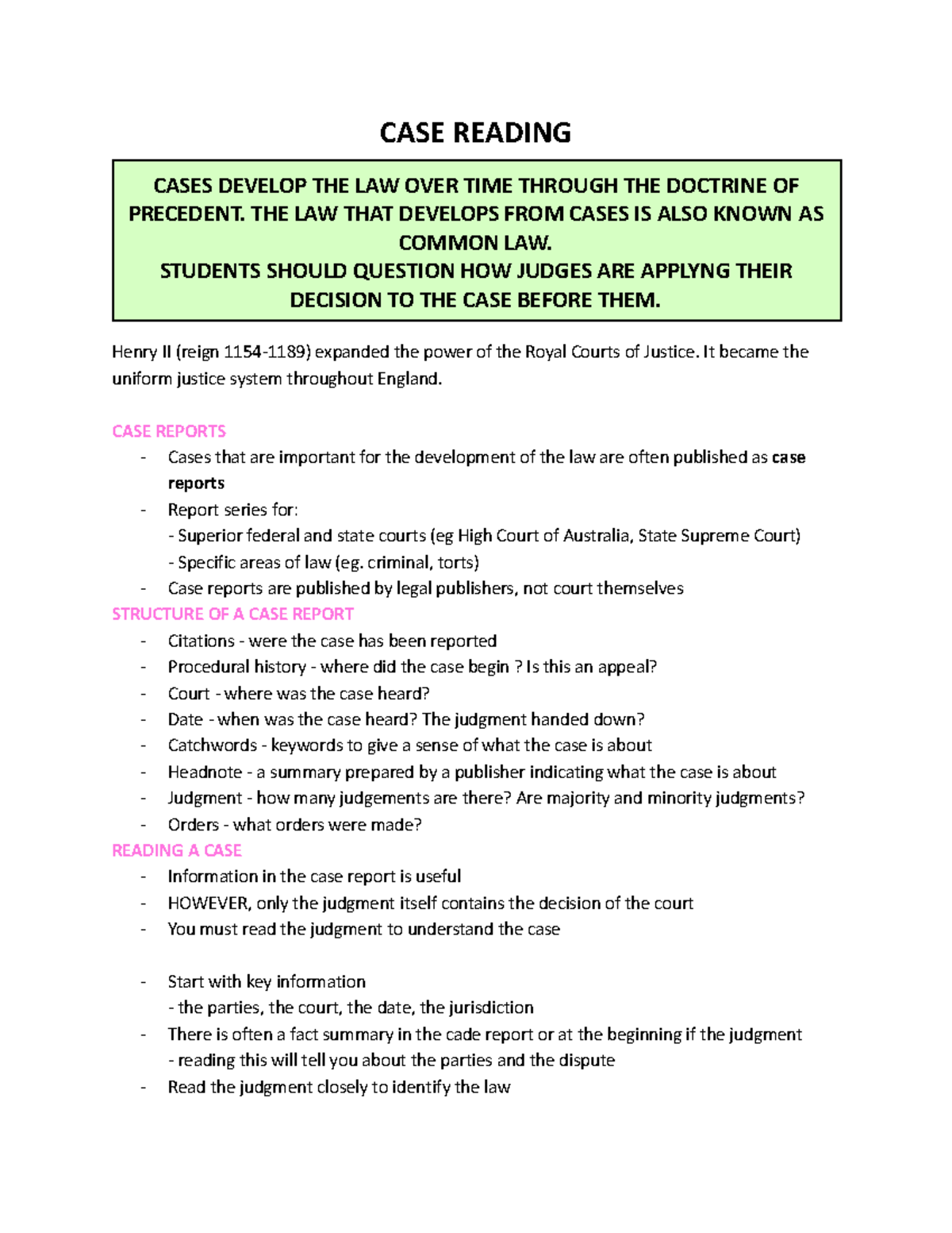 Introduction TO CASE Reading - CASE READING CASES DEVELOP THE LAW OVER ...