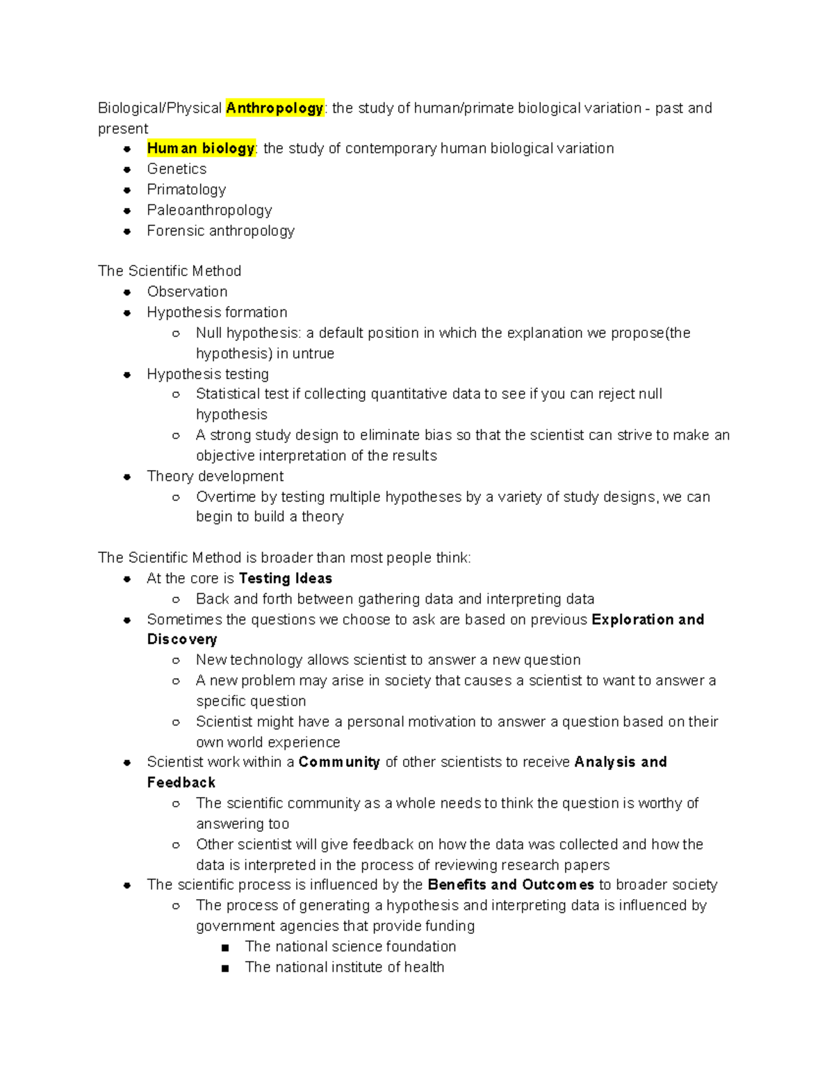 ANTHP 105 Notes 1 - Biological/Physical Anthropology : the study of ...