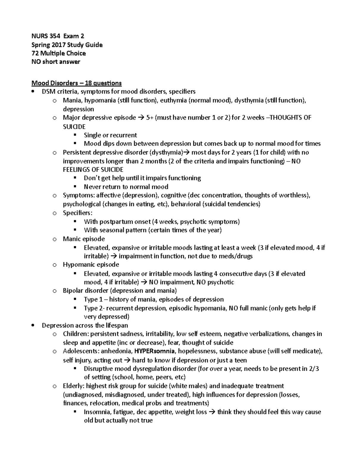 NURS354 exam 2 - Summary Psychosocial Nursing - NURS 354 Exam 2 Spring ...
