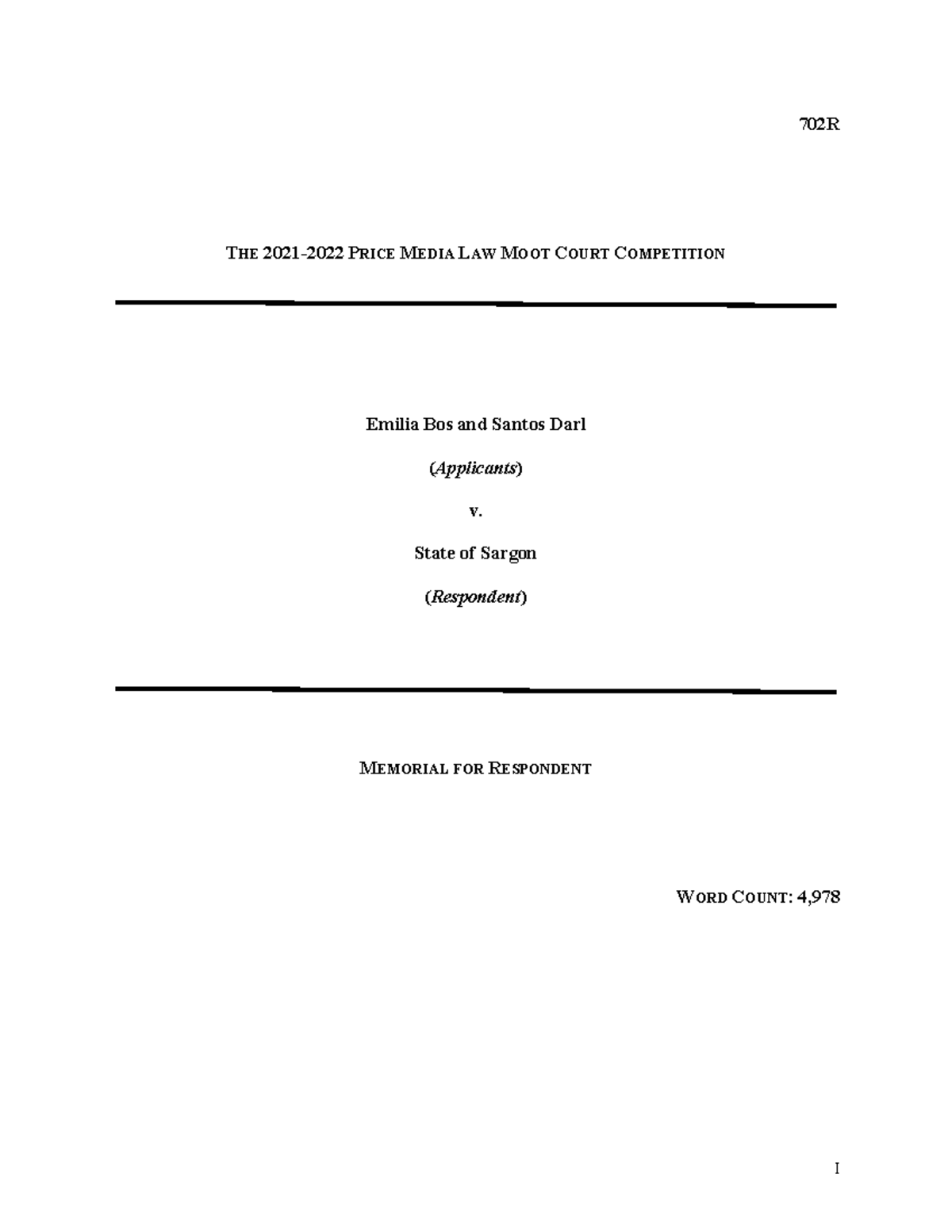 702r - memorial - I 702R THE 2021-2022 PRICE MEDIA LAW MOOT COURT ...