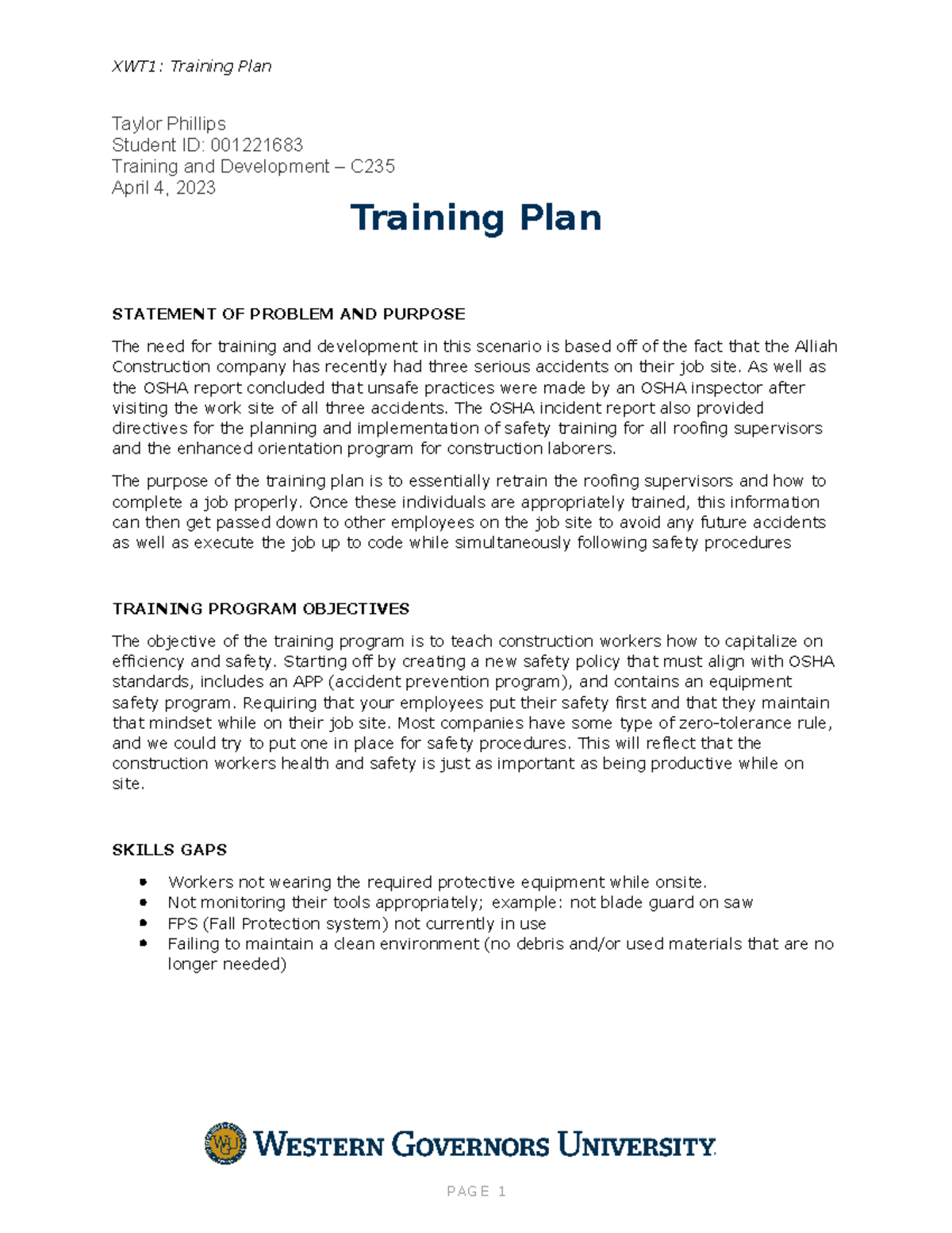 C235 Training and Development - Task 1 - XWT1: Training Plan Taylor ...