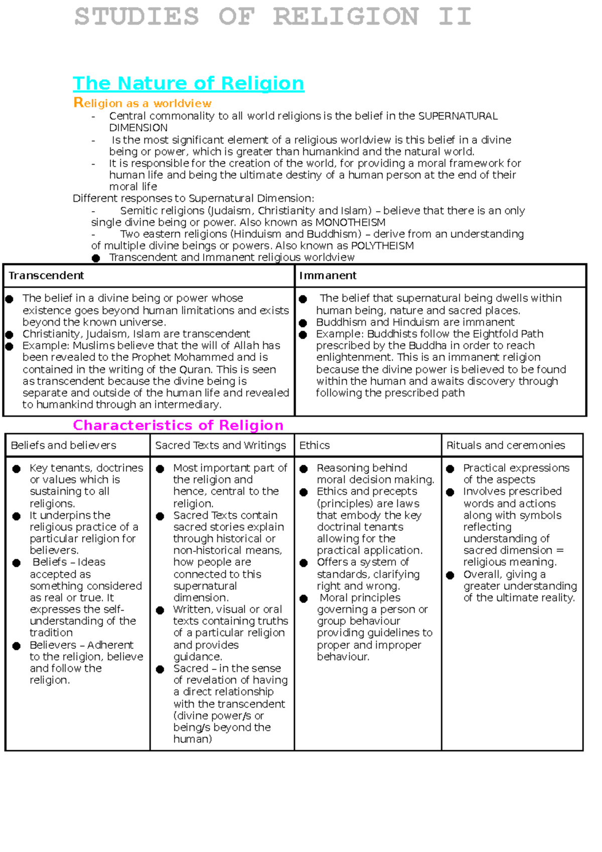 Religon Study Notes - Business management - The Nature of Religion ...