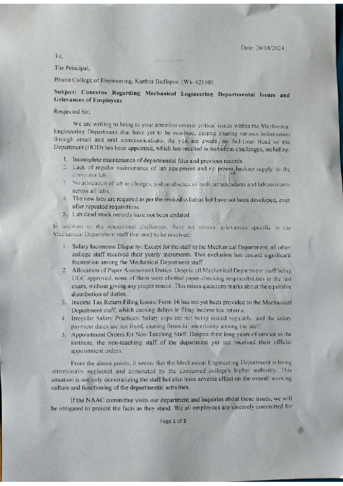 Concerns Regarding Mechanical Engineering Department Issues and ...