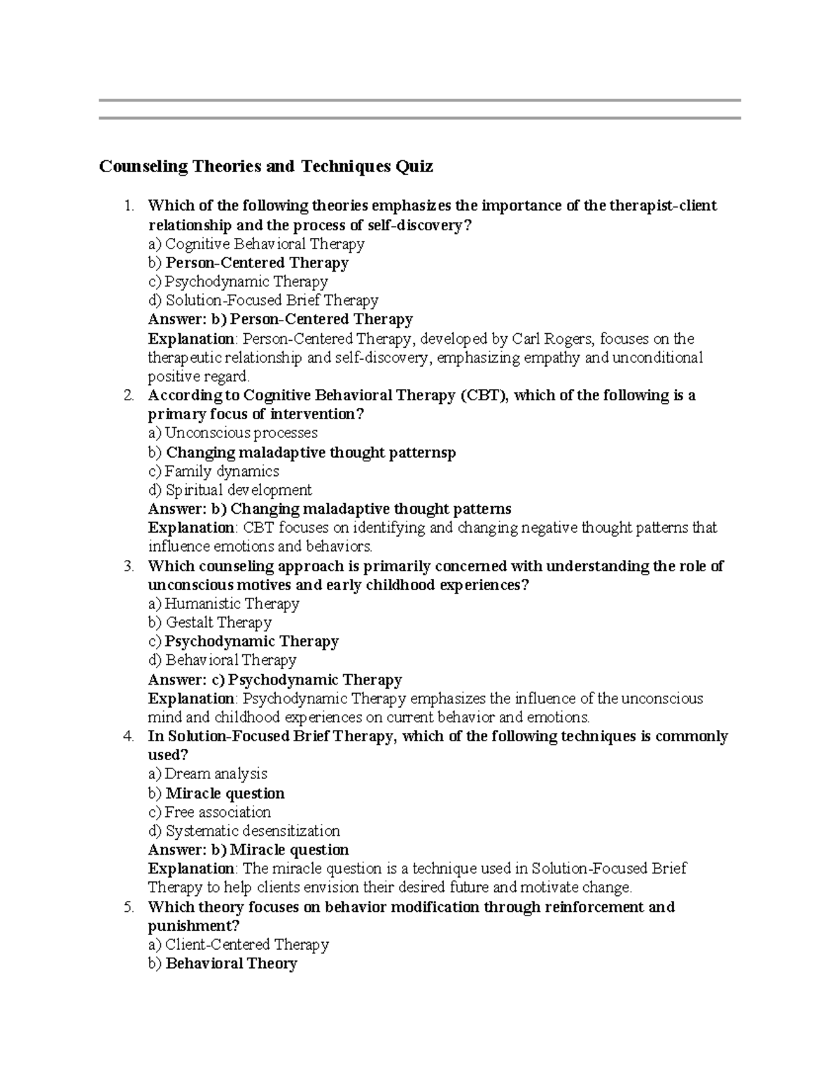 Counseling Theories and Techniques Quiz - According to Cognitive ...