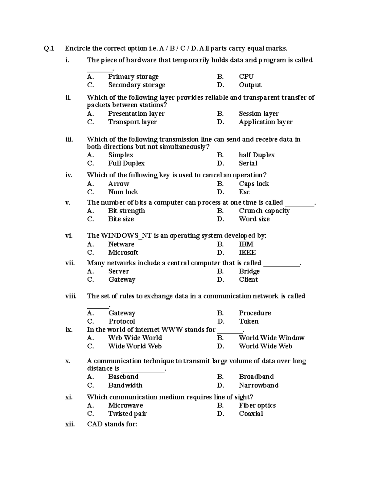 MCQs computer Science - Q Encircle the correct option i. A / B / C / D ...