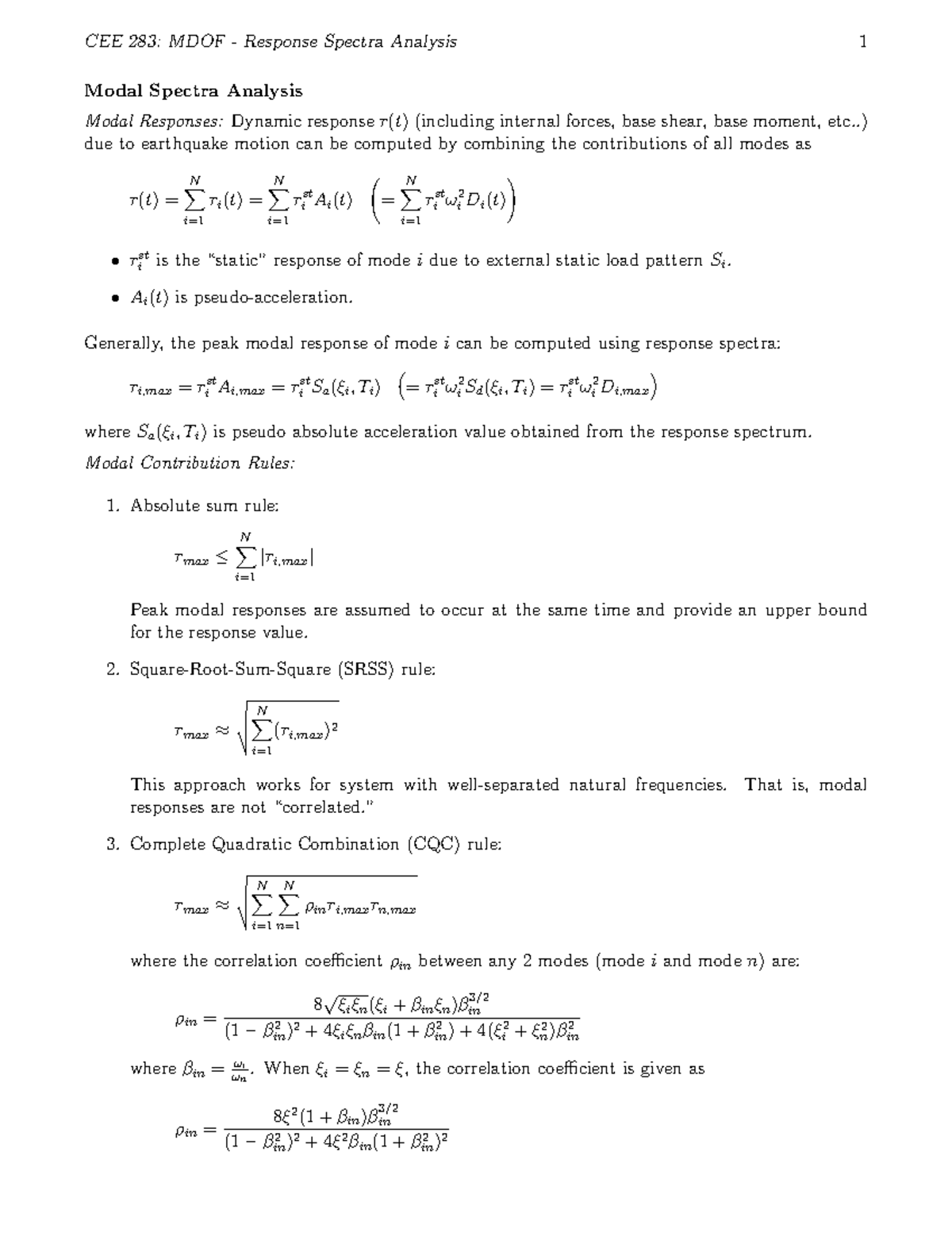 Note 13 MDOF - Response Spectra Analysis - CEE 283: MDOF - Response ...