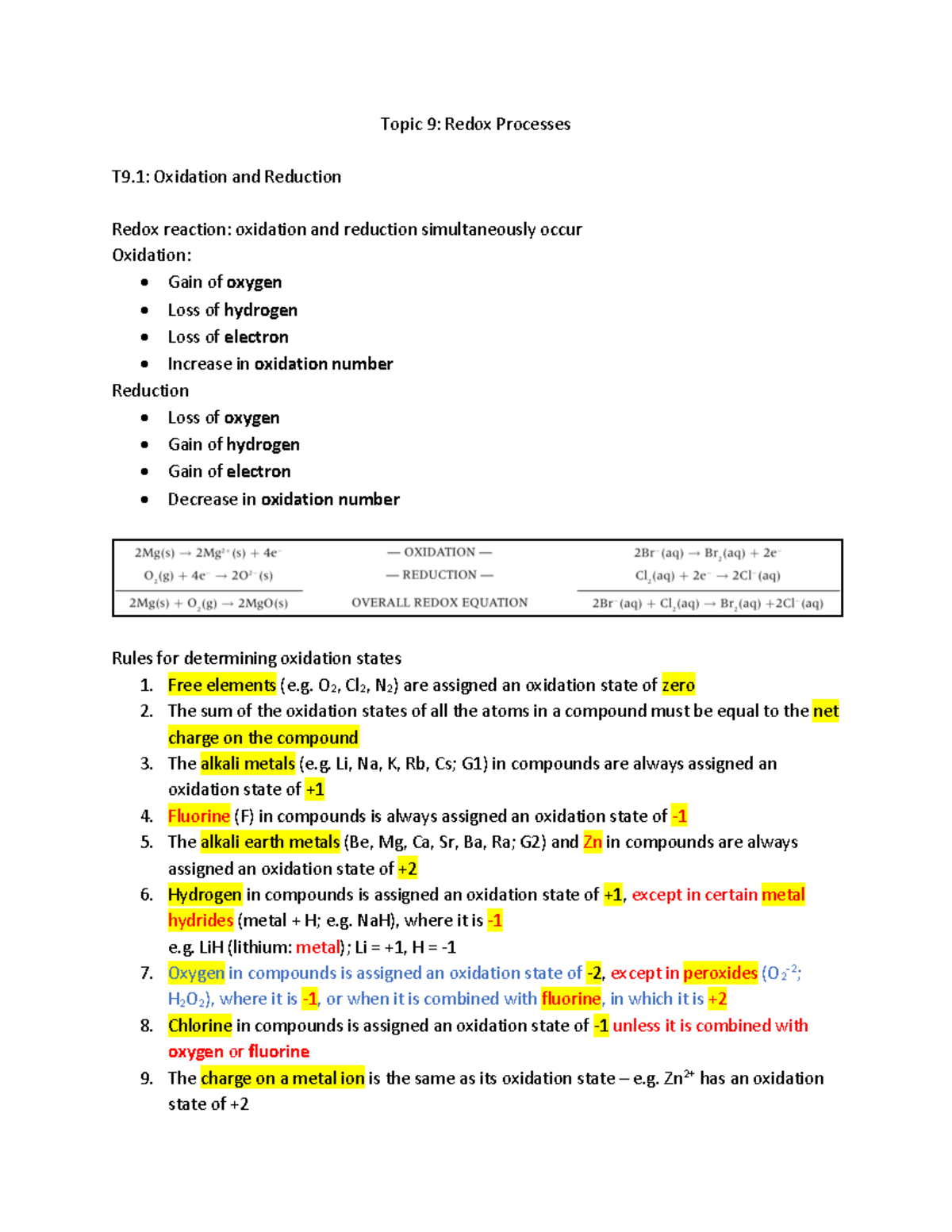 IB Chem HL T9 & 19 - note - Topic 9: Redox Processes T9: Oxidation and ...