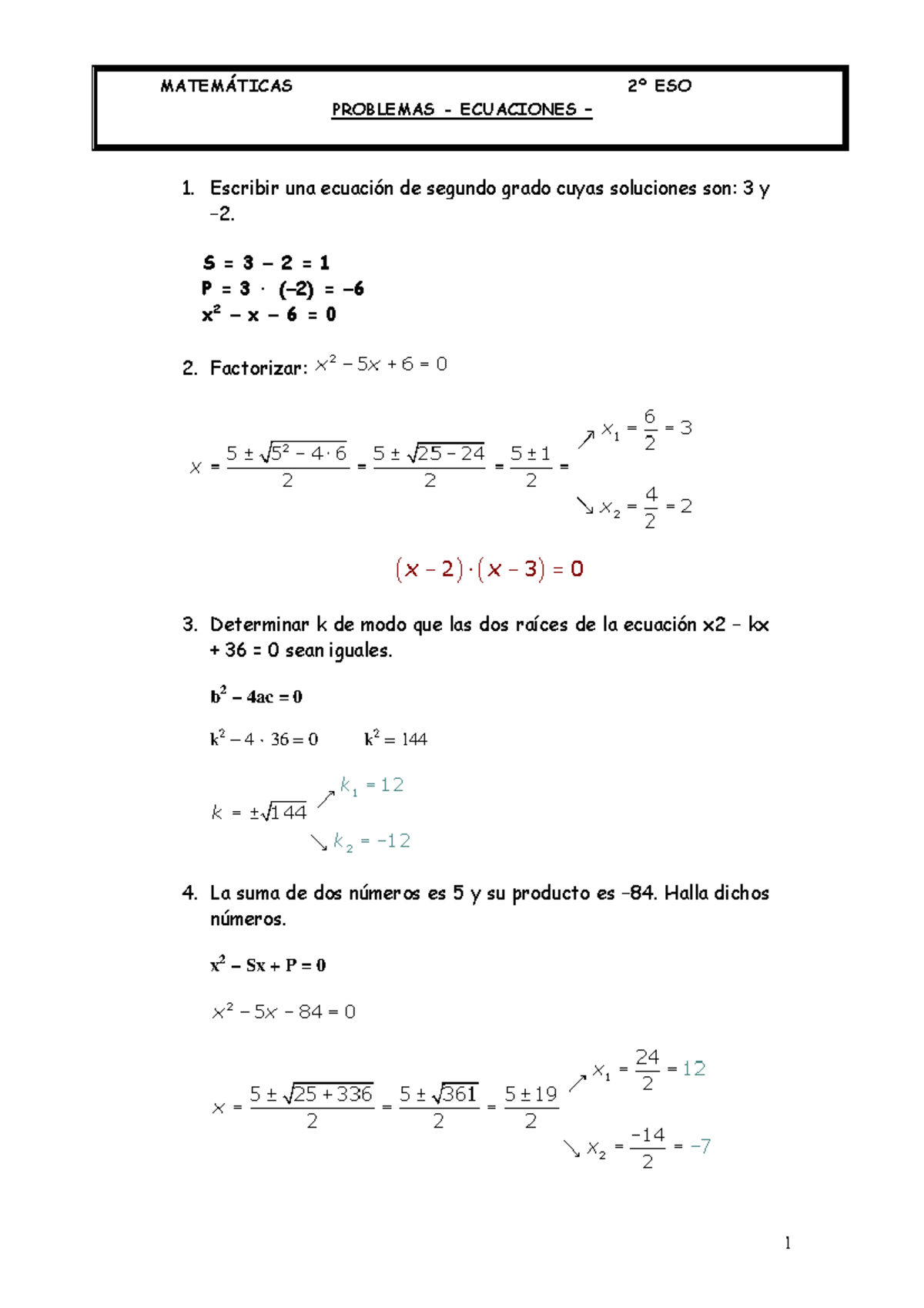 Problemas de Ecuaciones 2 ESO CON Soluciones - MATEMÁTICAS 2º ESO PROBLEMAS - ECUACIONES 3 ...