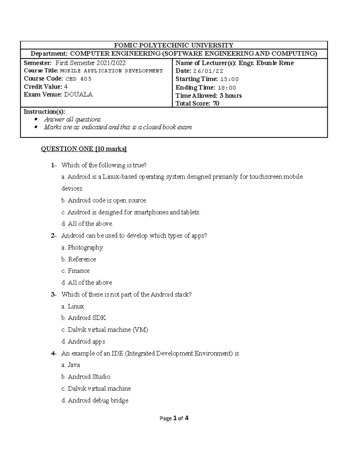 Mobile Development Exam Btech - FOMIC POLYTECHNIC UNIVERSITY Department: COMPUTER ENGINEERING ...
