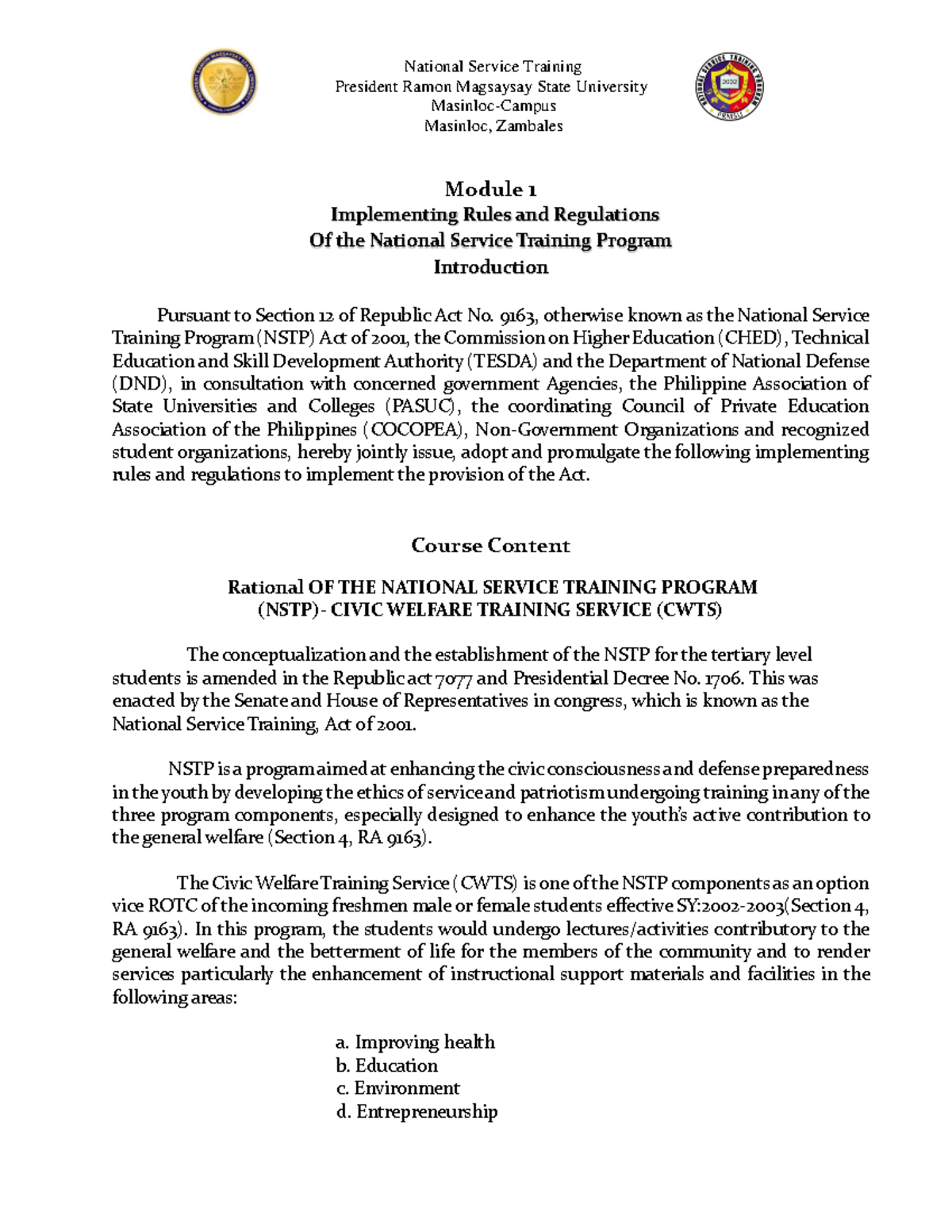 NSTP- Common- Module-2023-2024-1st-SEM - President Ramon Magsaysay ...