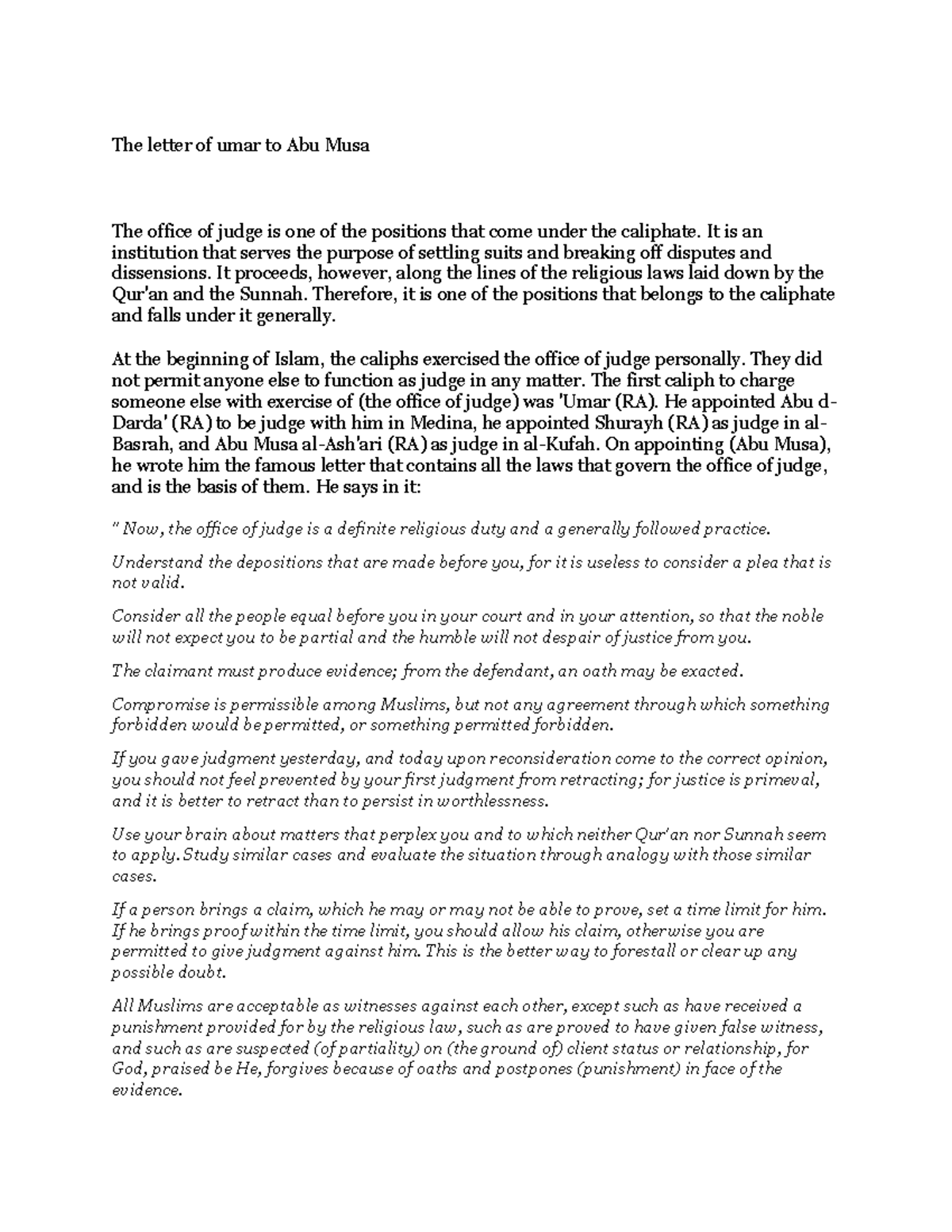 Caliph Umar's Letter to Abu Musa Al'Ashari - LLB - IUIU - Studocu