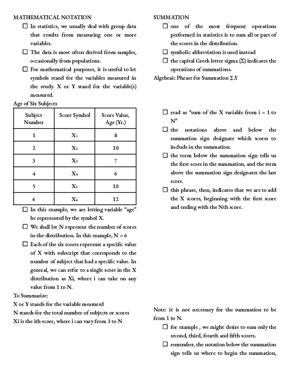Psychstat-2 - psychological statistics notes - MATHEMATICAL NOTATION In ...