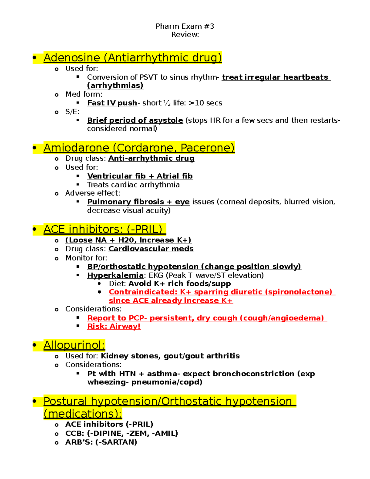 Pharm exam #3 - Study notes - Pharm Exam Review: Adenosine ...
